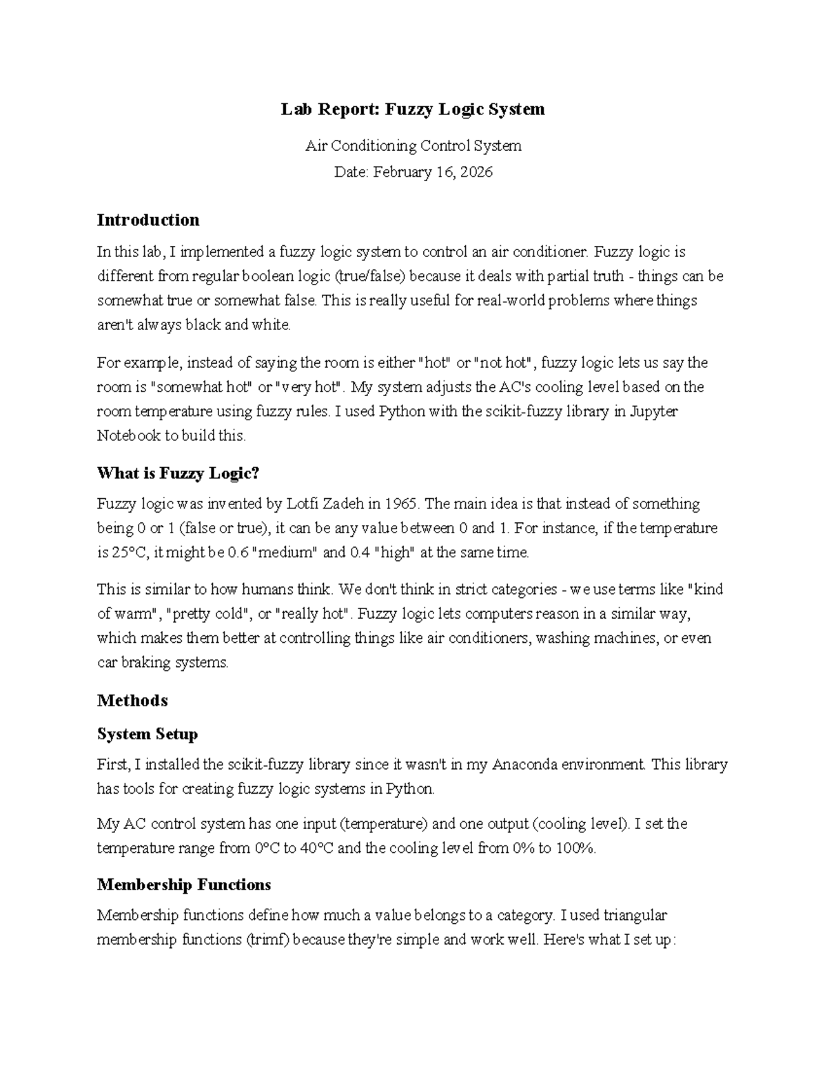 Lab Report: Fuzzy Logic Control System for AC (Course Code: Fuzzylogic ...
