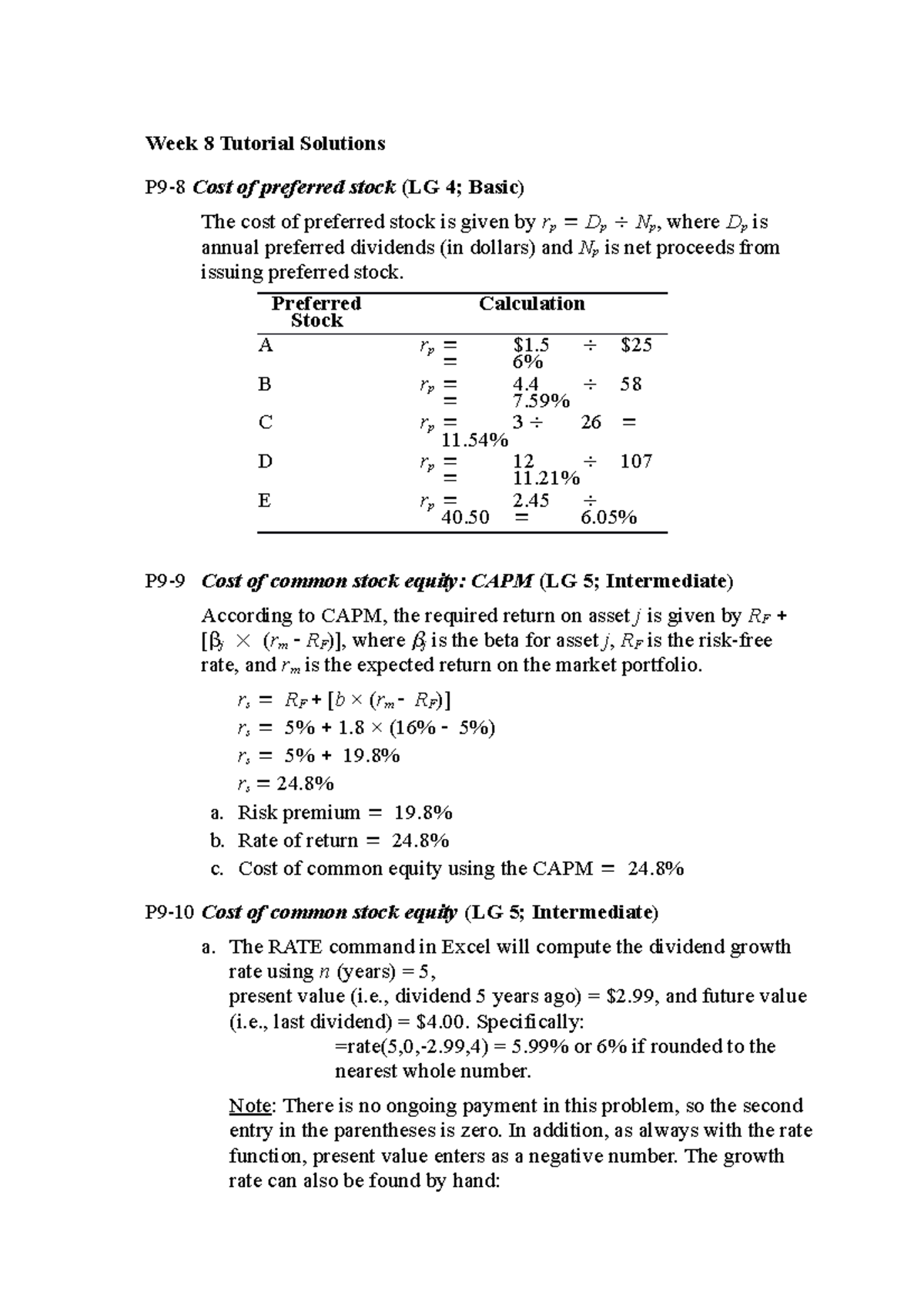 Week 8 COC Tutorial solutions - Week 8 Tutorial Solutions P9-8 Cost of preferred stock ( LG 4 ...
