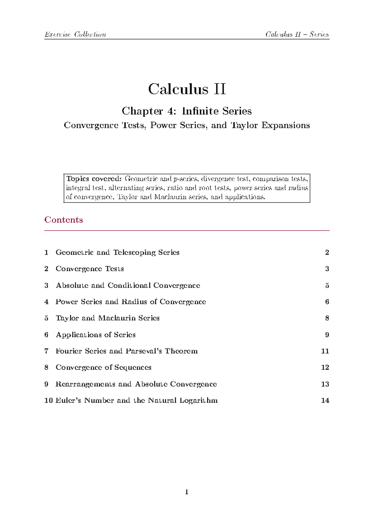 Exercise Collection Calculus II: Series Convergence Tests and ...