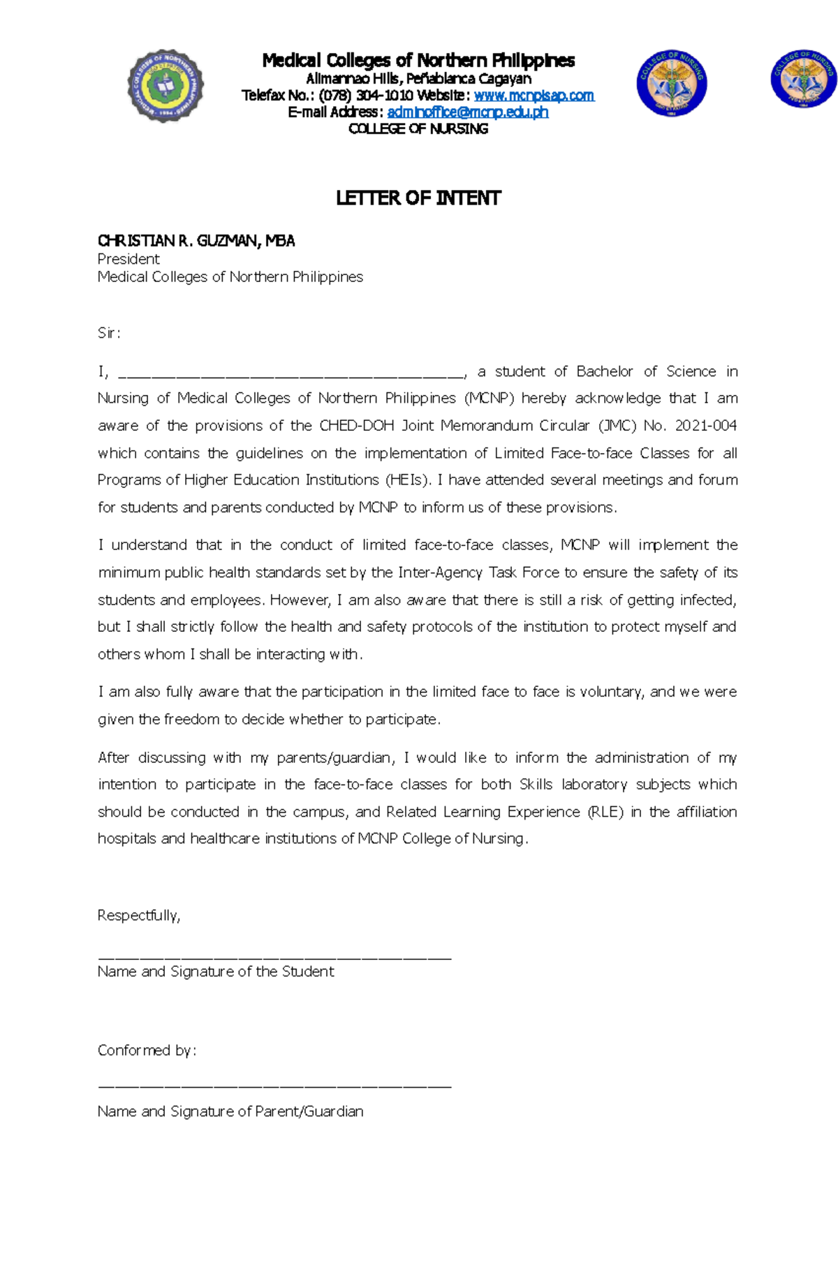 Letter of Intent for Limited Face-to-Face Classes - BS Nursing - Studocu