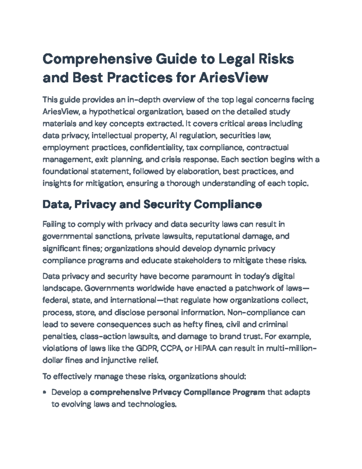 Comprehensive Legal Risks & Best Practices Guide for AriesView - Studocu