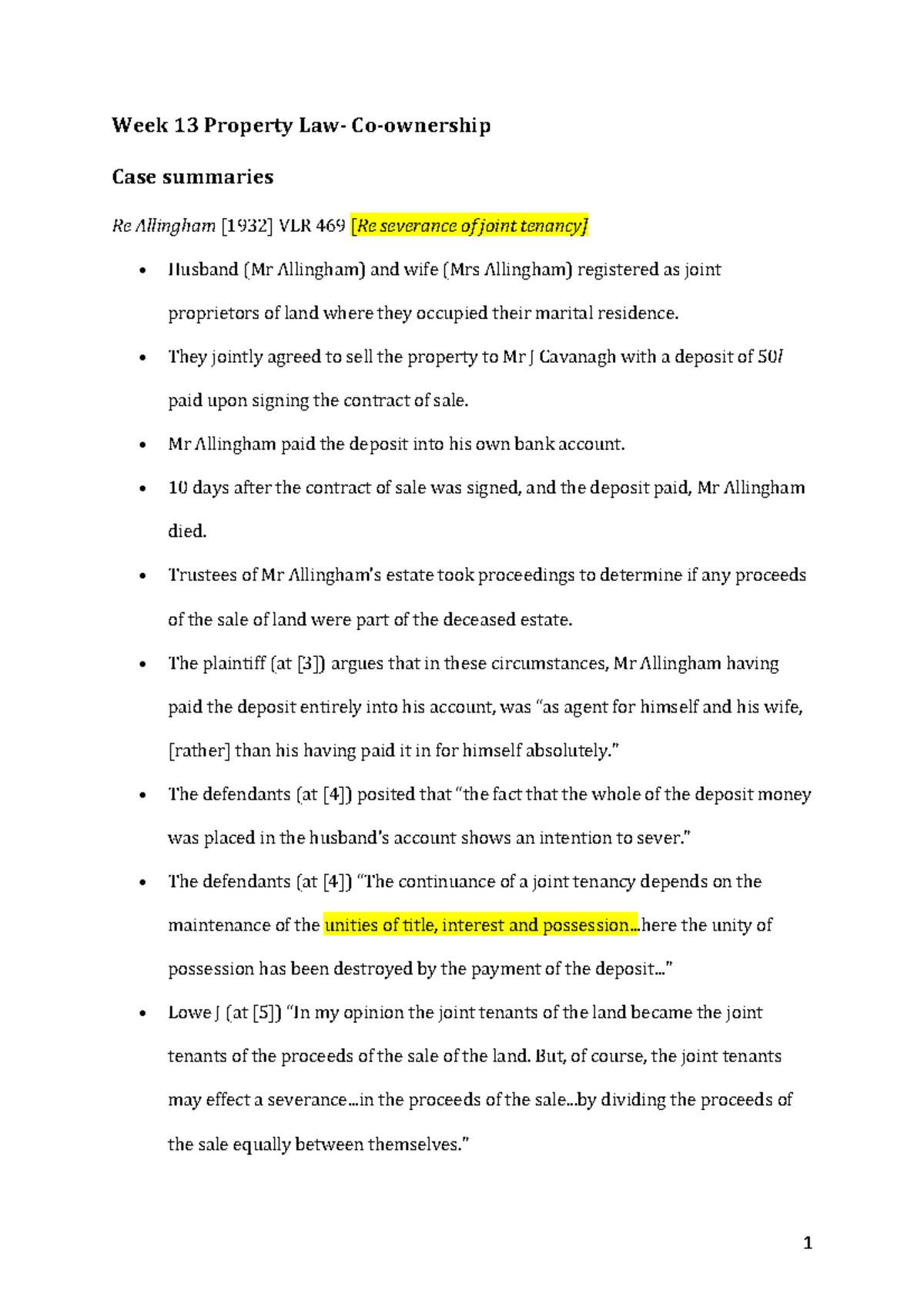 Wk 13 Property Law Case Summaries on Co-ownership Principles - Studocu