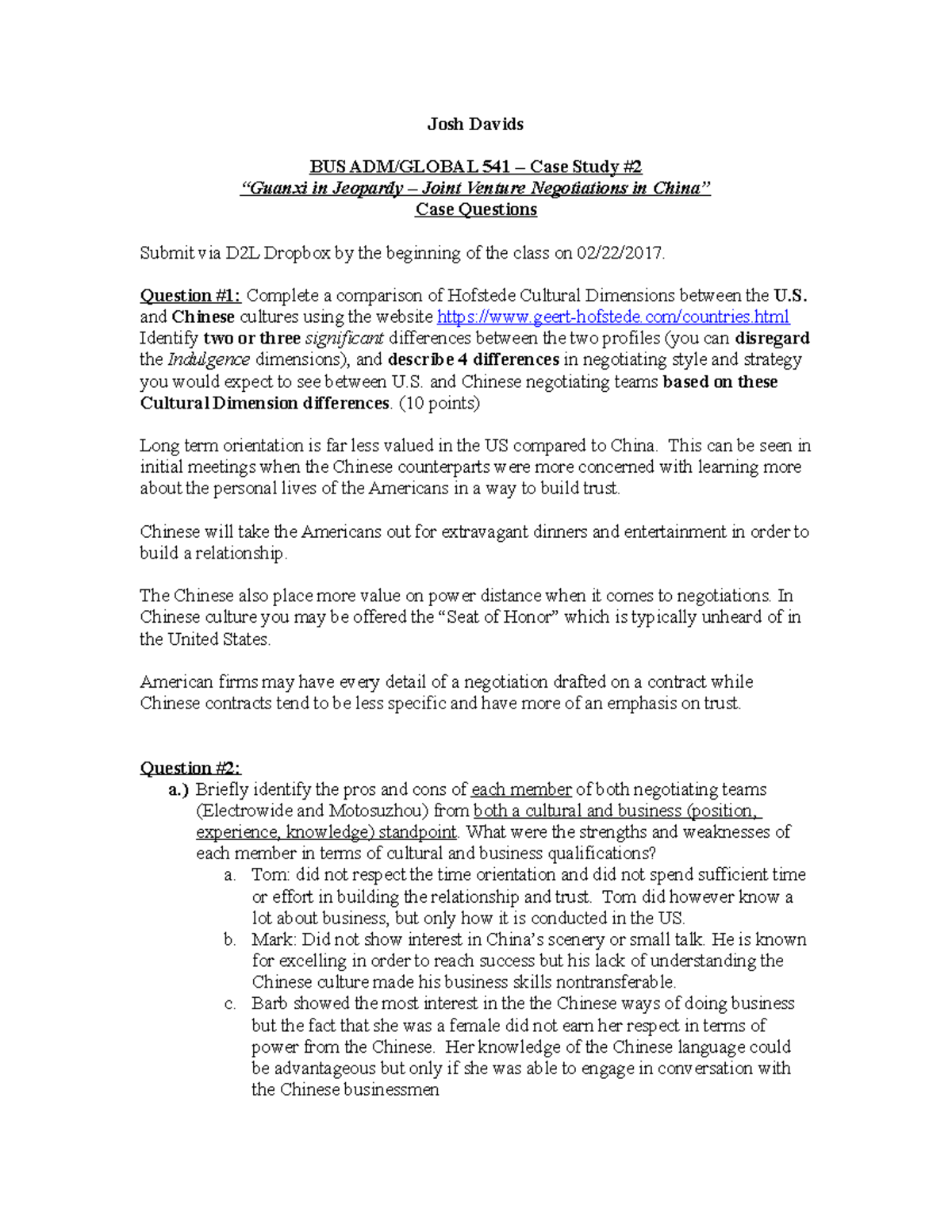 Josh Davids Case2 - Case 2 - Josh Davids BUS 541 Case Study in Jeopardy ...