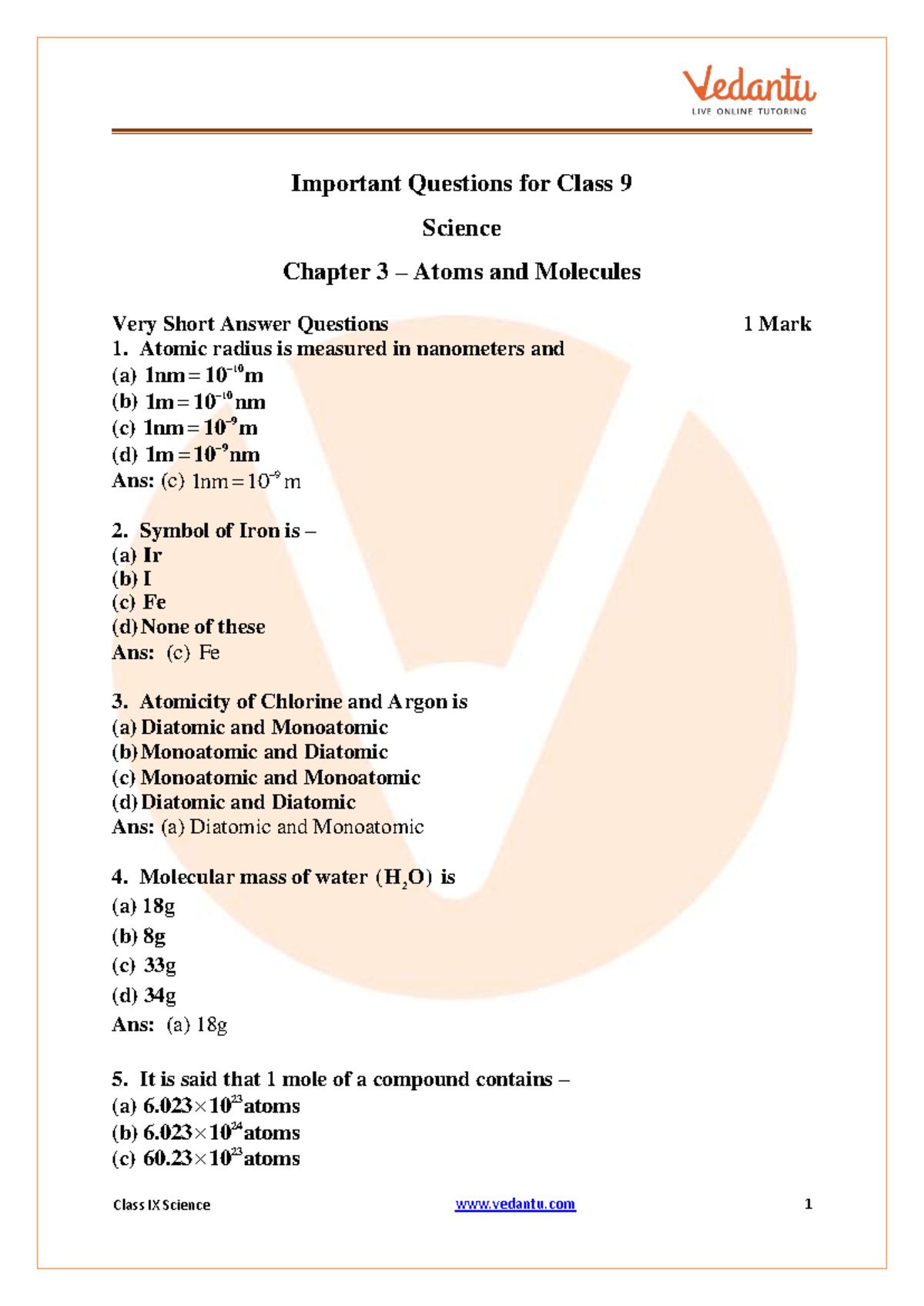 CBSE Class 9 Science Atoms and Molecules Important Questions 2024-25 ...