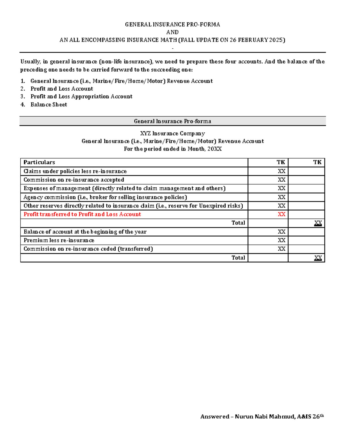 General Insurance Math Pro-forma & Examples (BBA 26TH BATCH) - Studocu