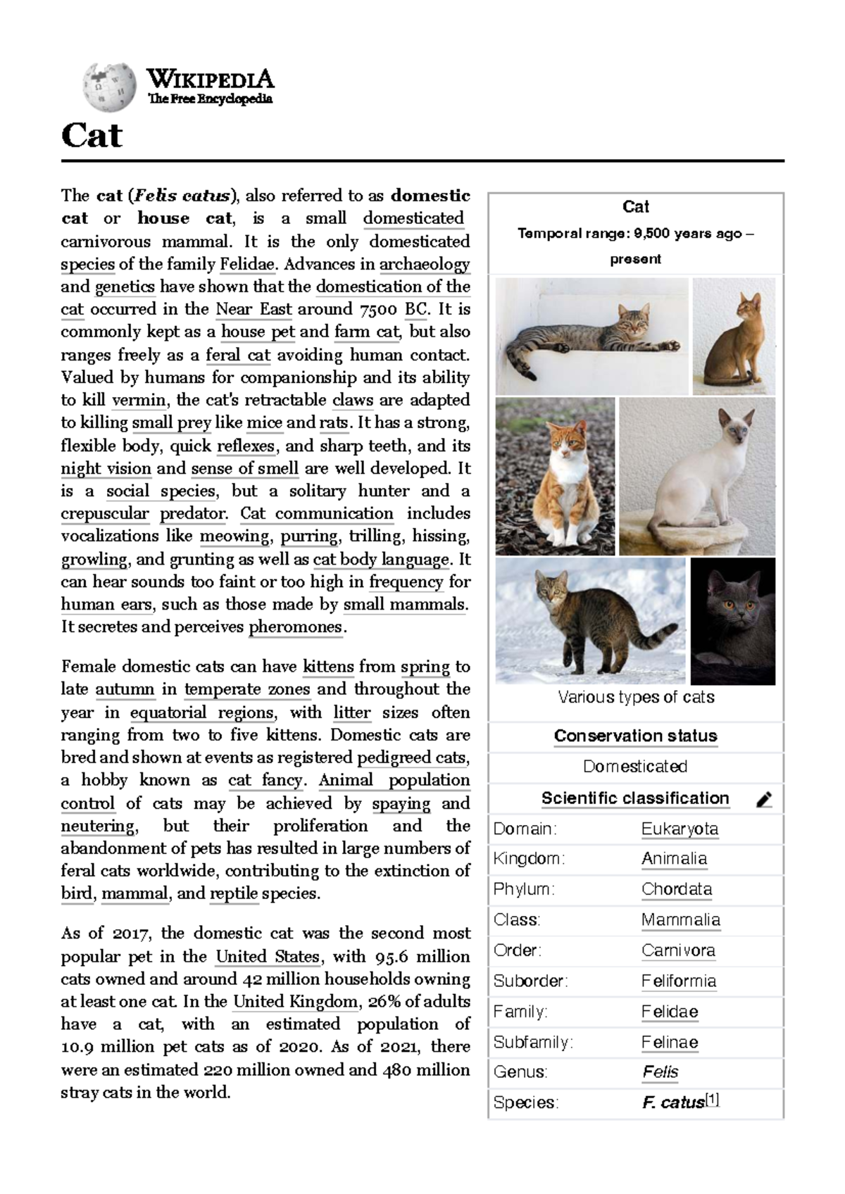 1 page Cat - Wikipedia - about cats - Cat Temporal range: 9,500 years ...