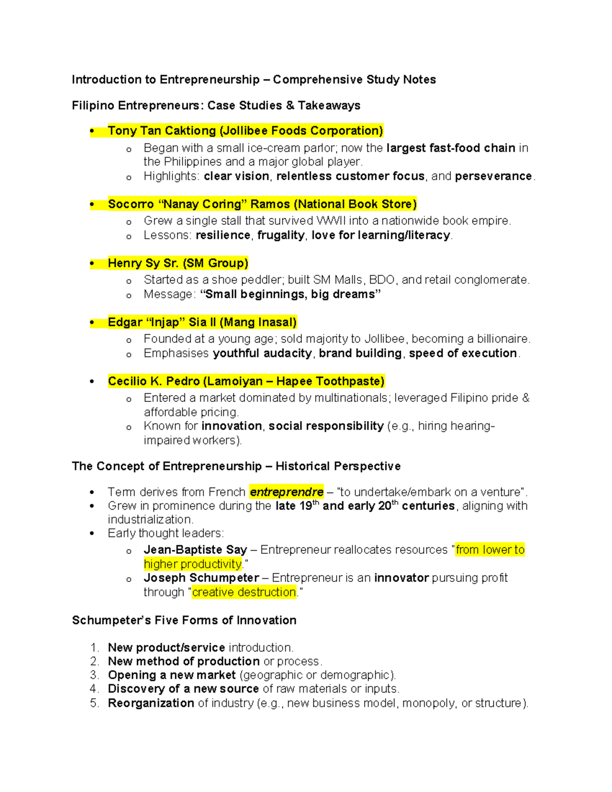 ENT 101: Comprehensive Study Notes on Filipino Entrepreneurs - Studocu