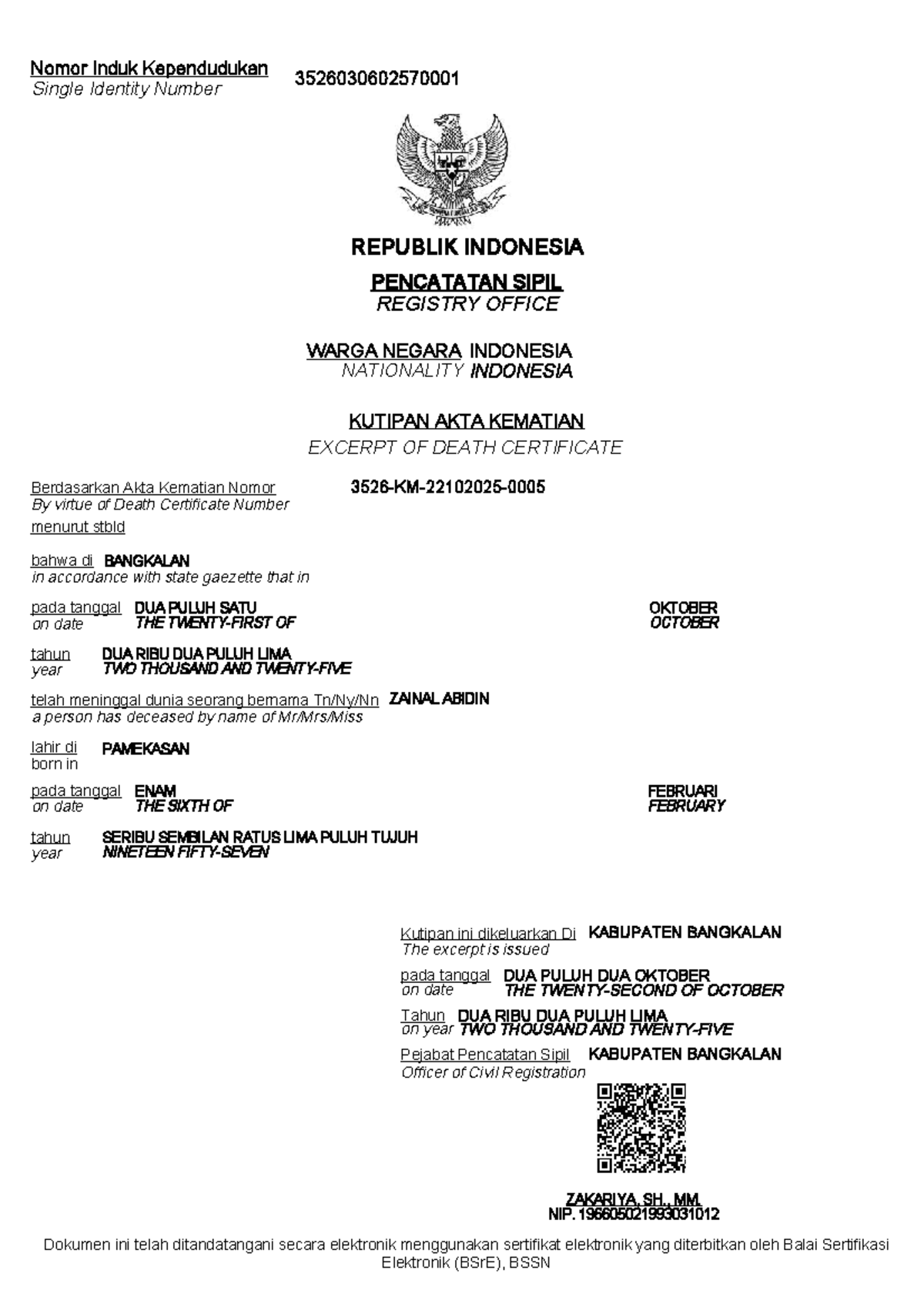 Kutipan Akta Kematian Zainal Abidin - REPUBLIK INDONESIA - Studocu