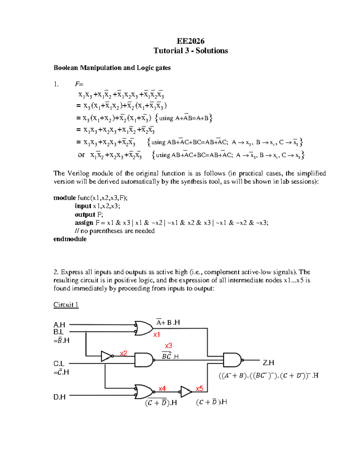 EE2026 Tutorial 3 Solutions (wk4) AY2425S2 - EE Tutorial 3 - Solutions Boolean Manipulation and ...