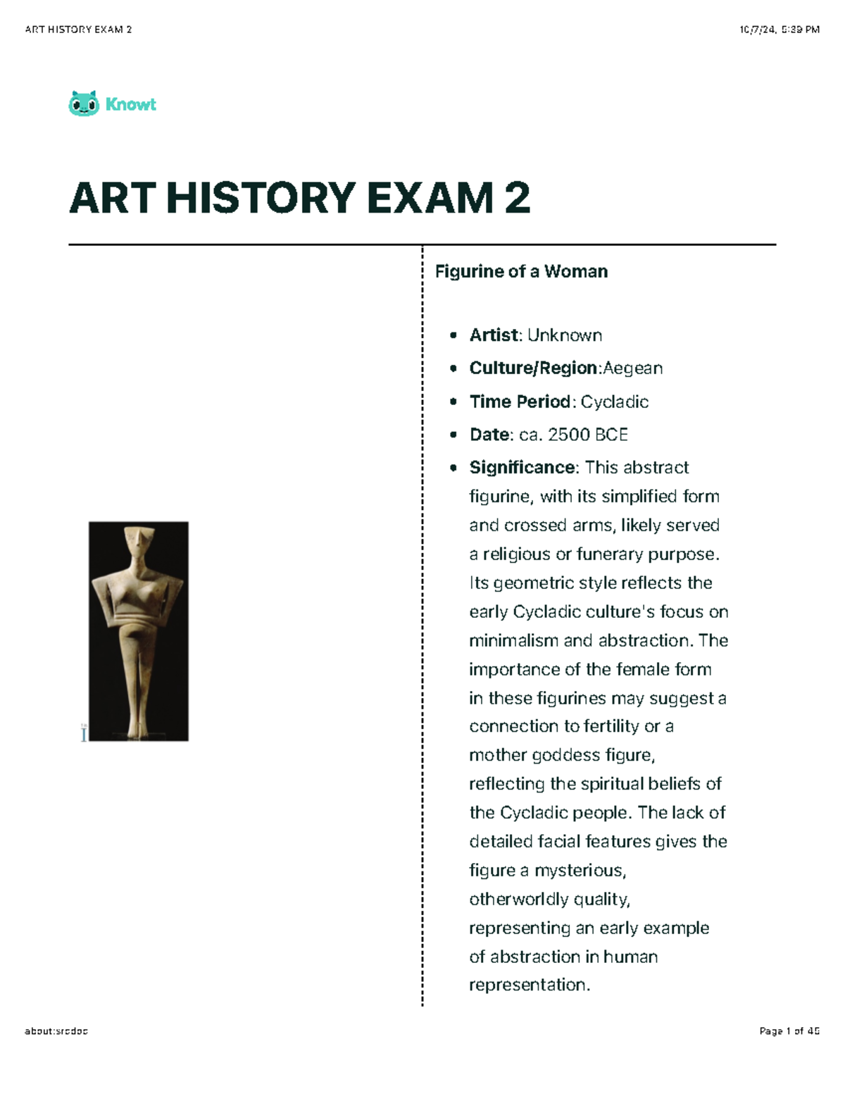 Art History Exam 2 Summary and Analysis - ART HISTORY EXAM 2 Figurine ...