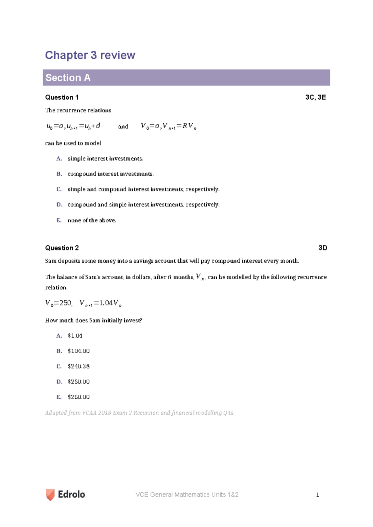 VCE General Mathematics Units 12 - Chapter 3 Review Questions and Answers - Studocu