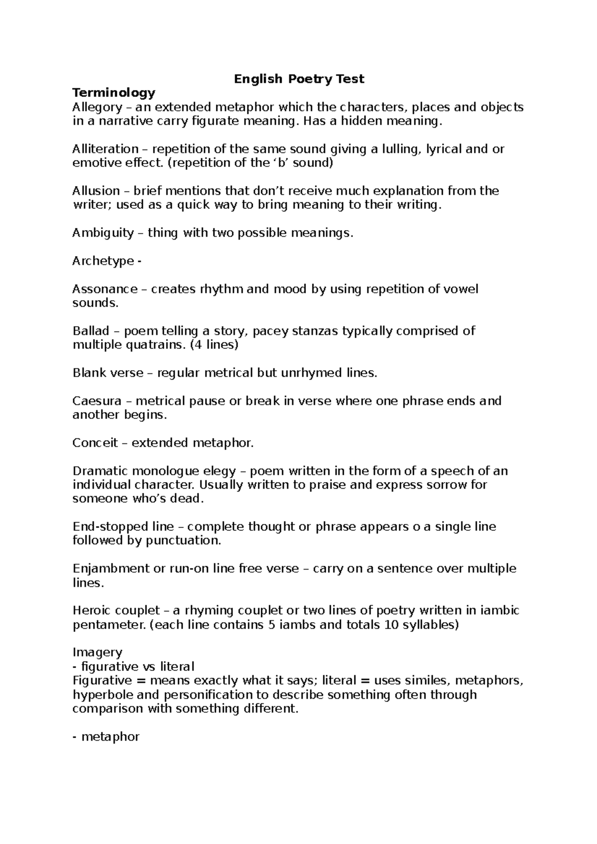 ENG 201: English Poetry Test Terminology and Analysis Guide - Studocu