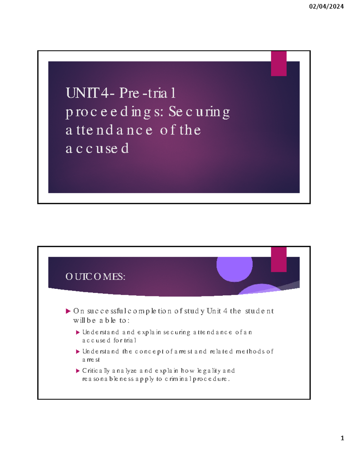 UNIT 4 - Pre-Trial Proceedings: Securing Attendance of the Accused - Studocu