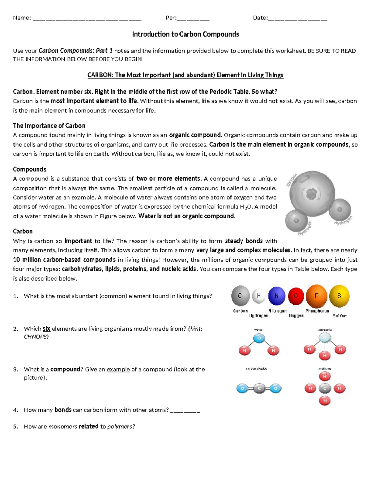 Introduction to Carbon Compounds: Practice Worksheet for Carbon and ...
