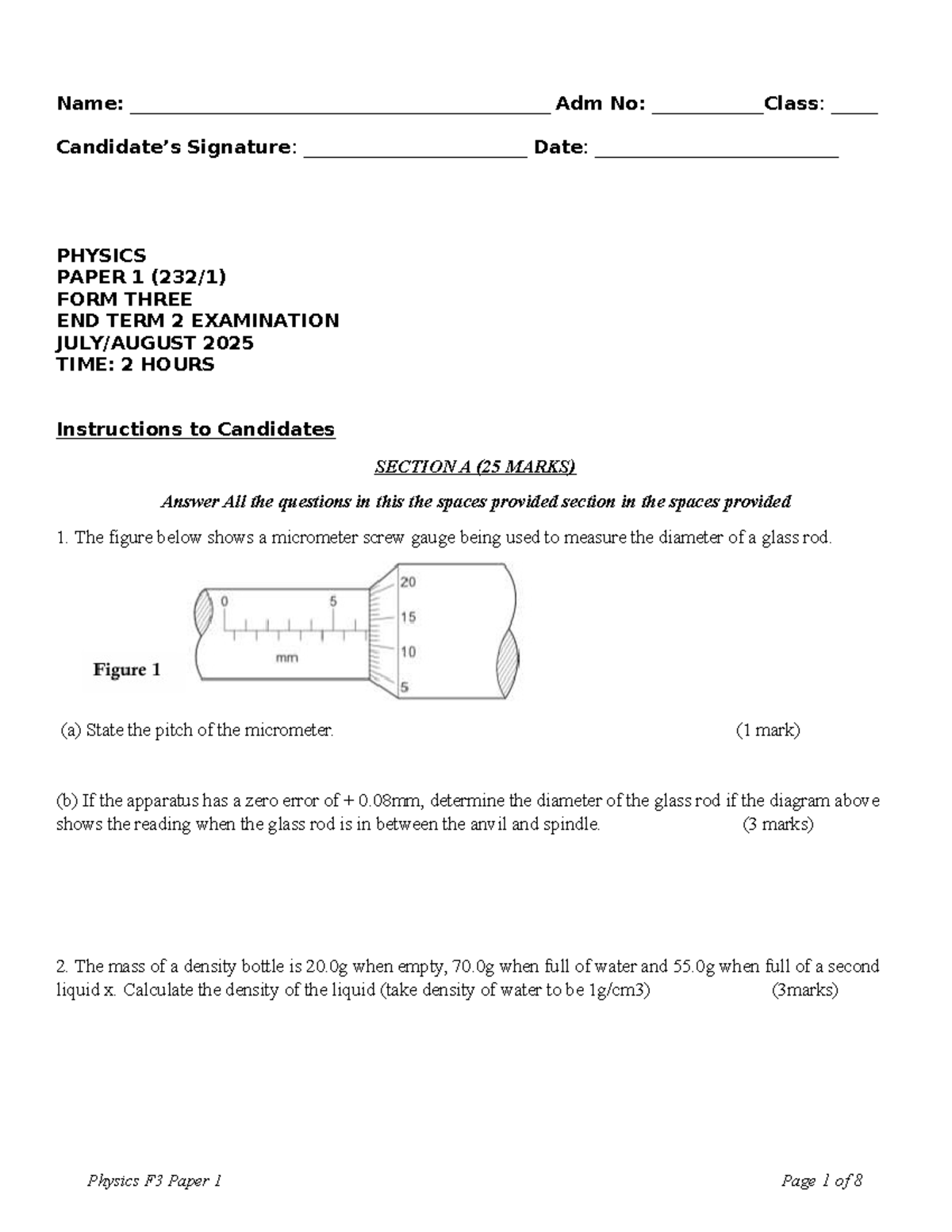 Physics F3 Paper 1 End Term 2 Exam Questions 2025 - Studocu
