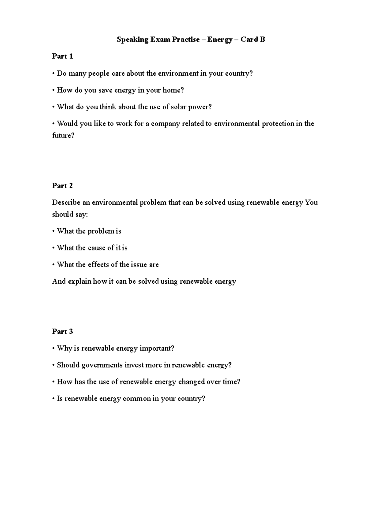 IE 3 Speaking Exam: Energy Card B Practice on Environmental Issues ...