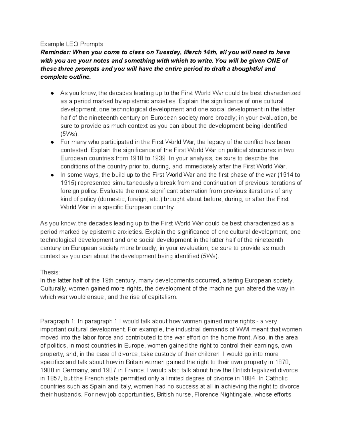 LEQ Prompts: Analyzing Cultural & Political Developments Pre-WWI - Studocu