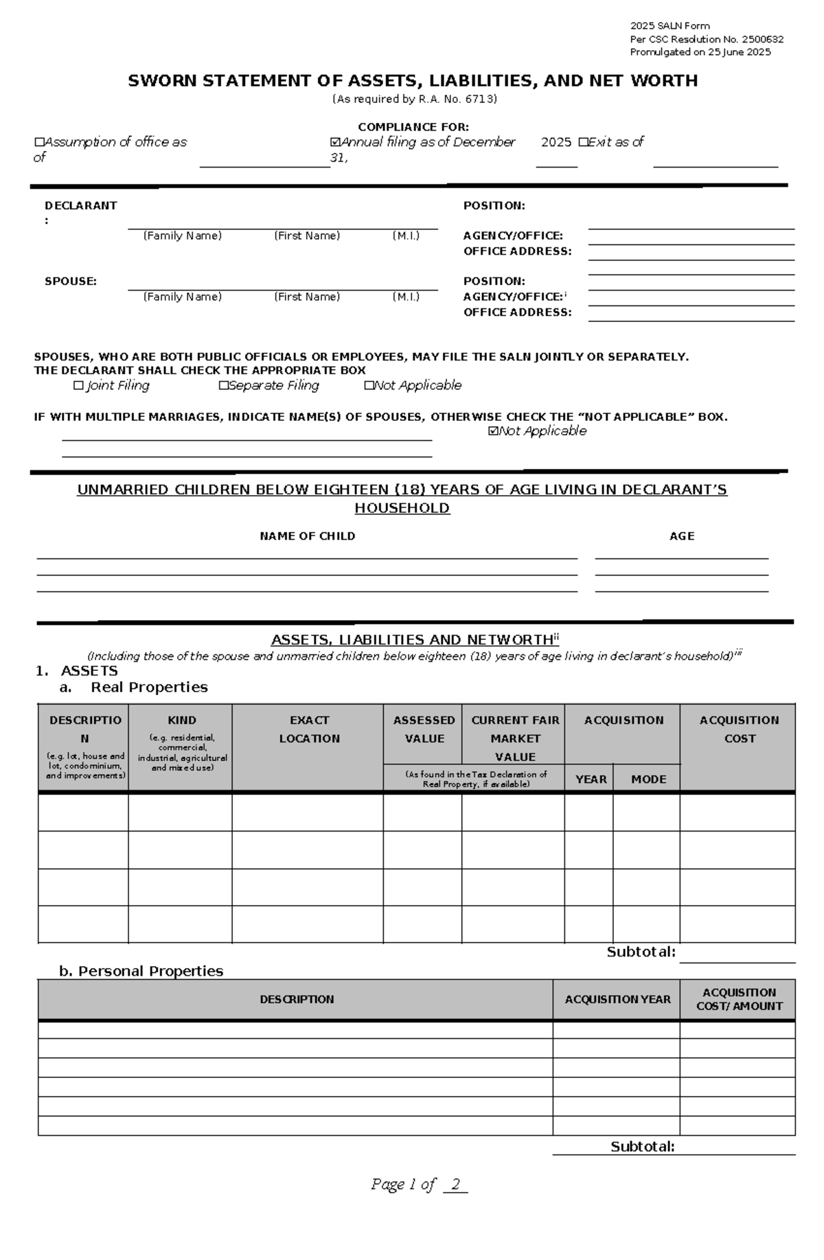 2025 SALN Form Compliance per CSC Res. No. 2500632 - Studocu