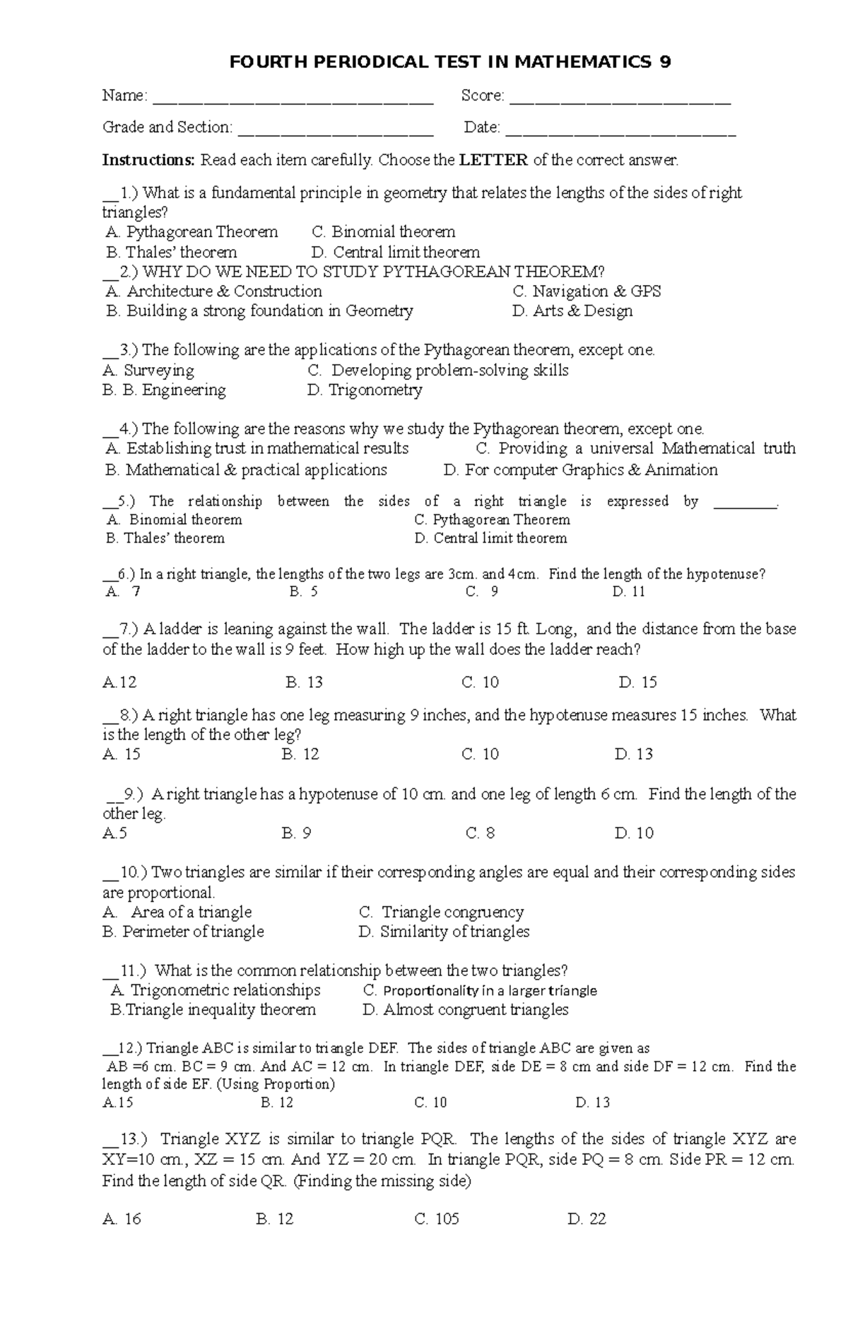 4th Periodical Test in Mathematics 9: Pythagorean Theorem ...