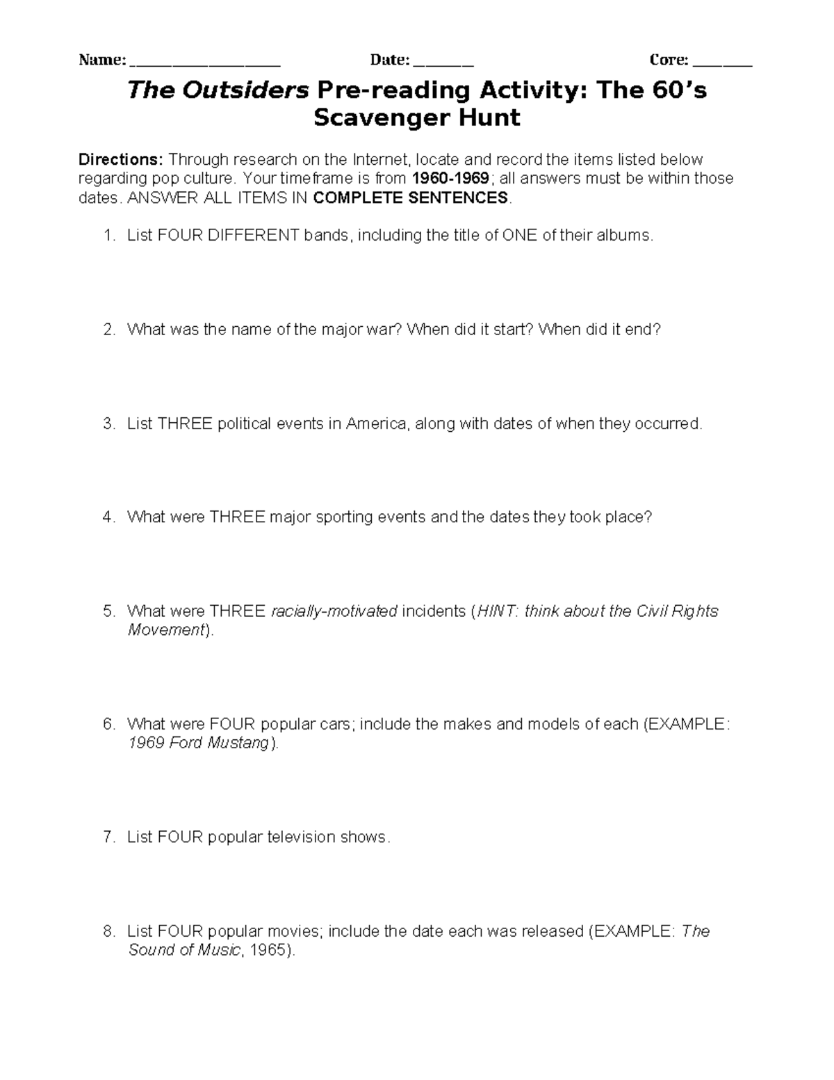 The Outsiders Scavenger Hunt Activity (1960s Pop Culture) - Studocu