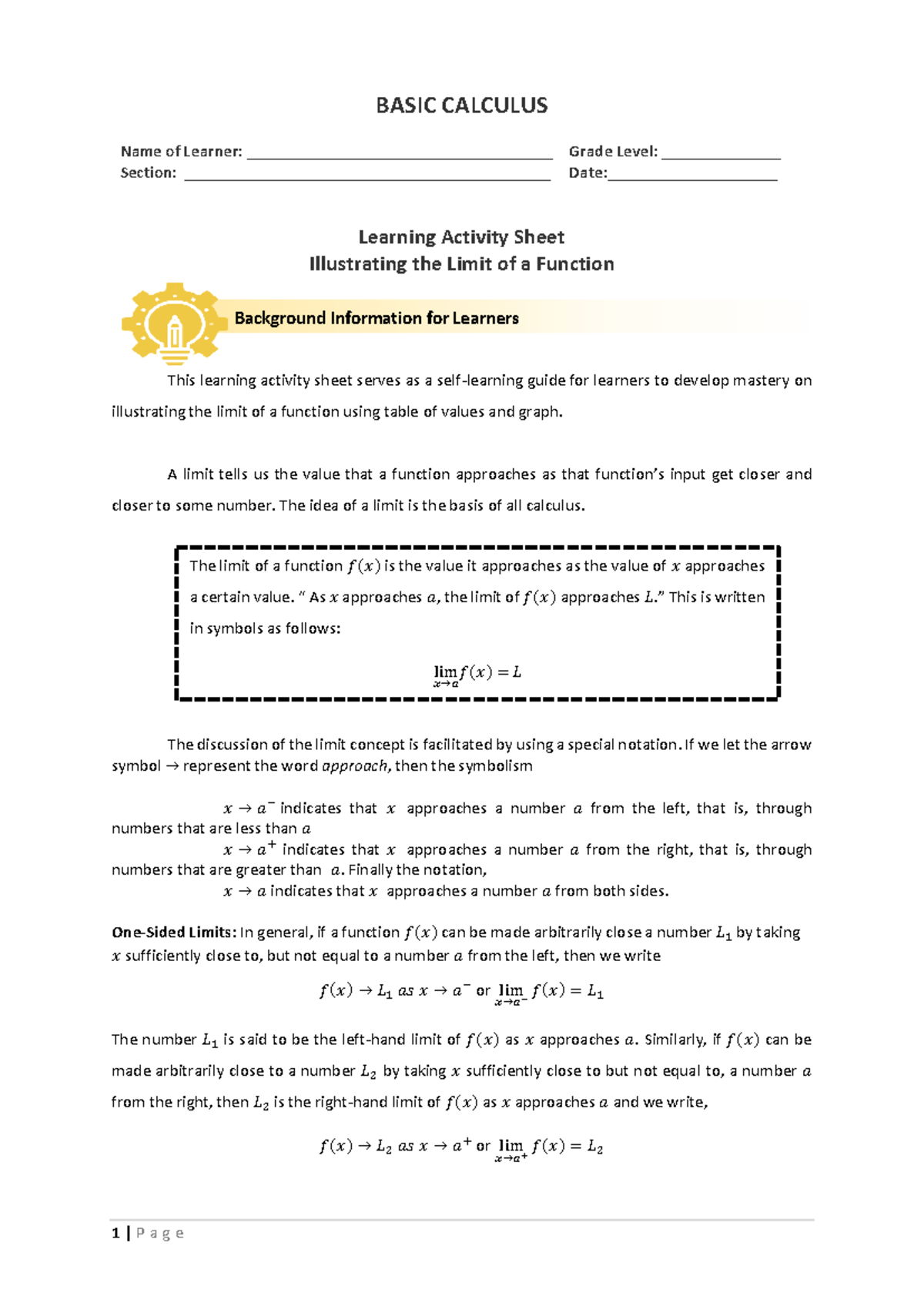 Basic-Calculus-Week1 - Background Information for Learners BASIC CALCULUS Name of Learner: - Studocu