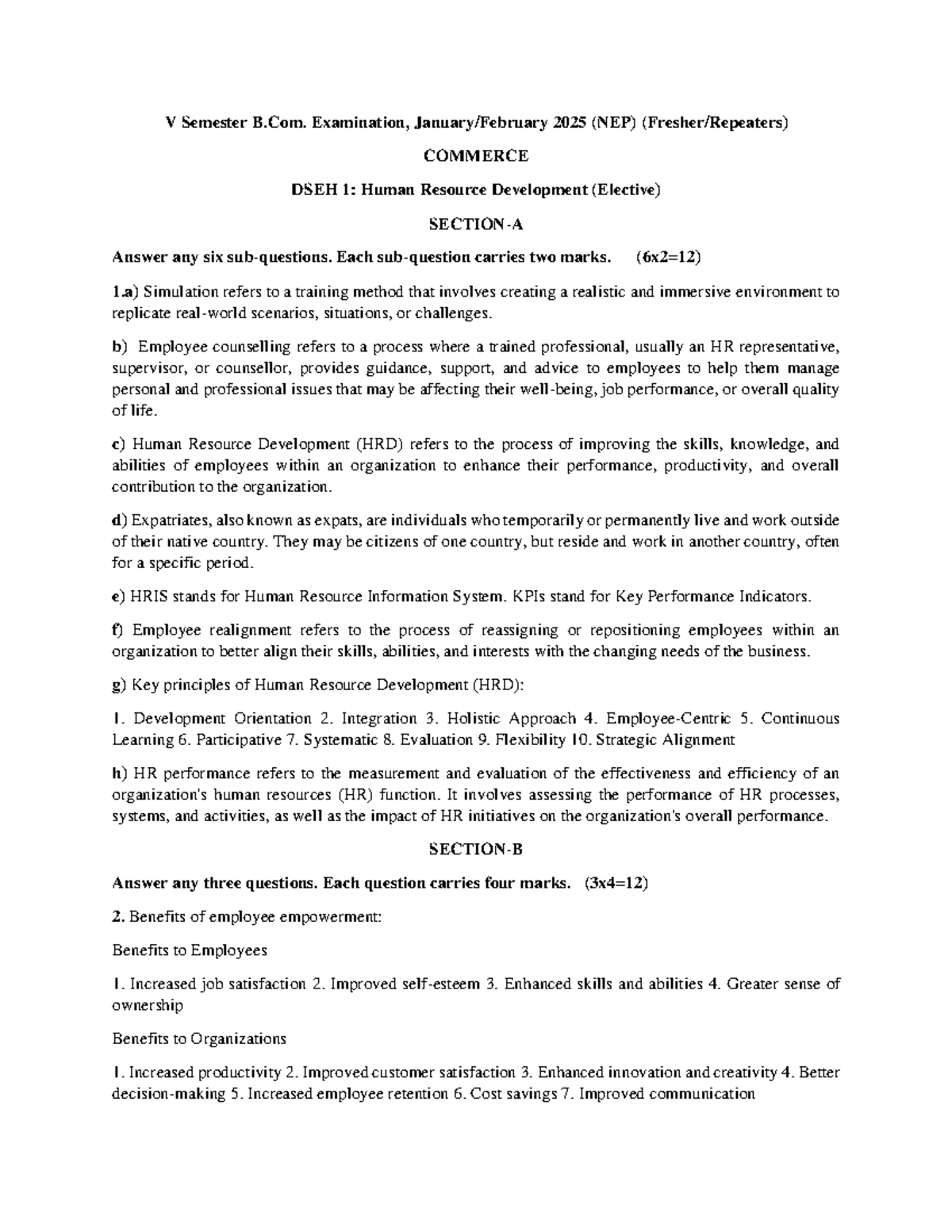 V Semester B.Com. 2025 (NEP) HRD Key Answers for Exam - Studocu