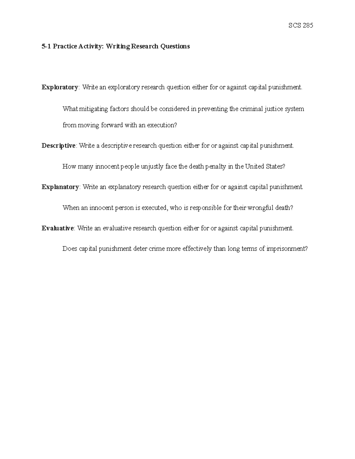 SCS 285: 5-1 Practice Activity on Writing Research Questions for ...
