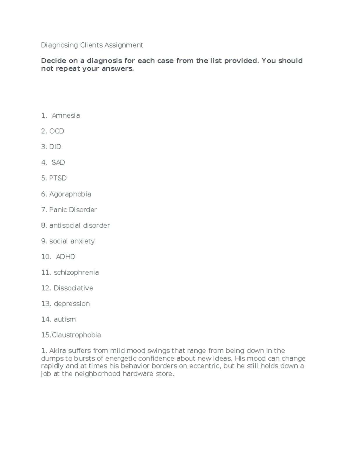 Psychology 101: Diagnosing Clients Assignment & Case Analysis - Studocu