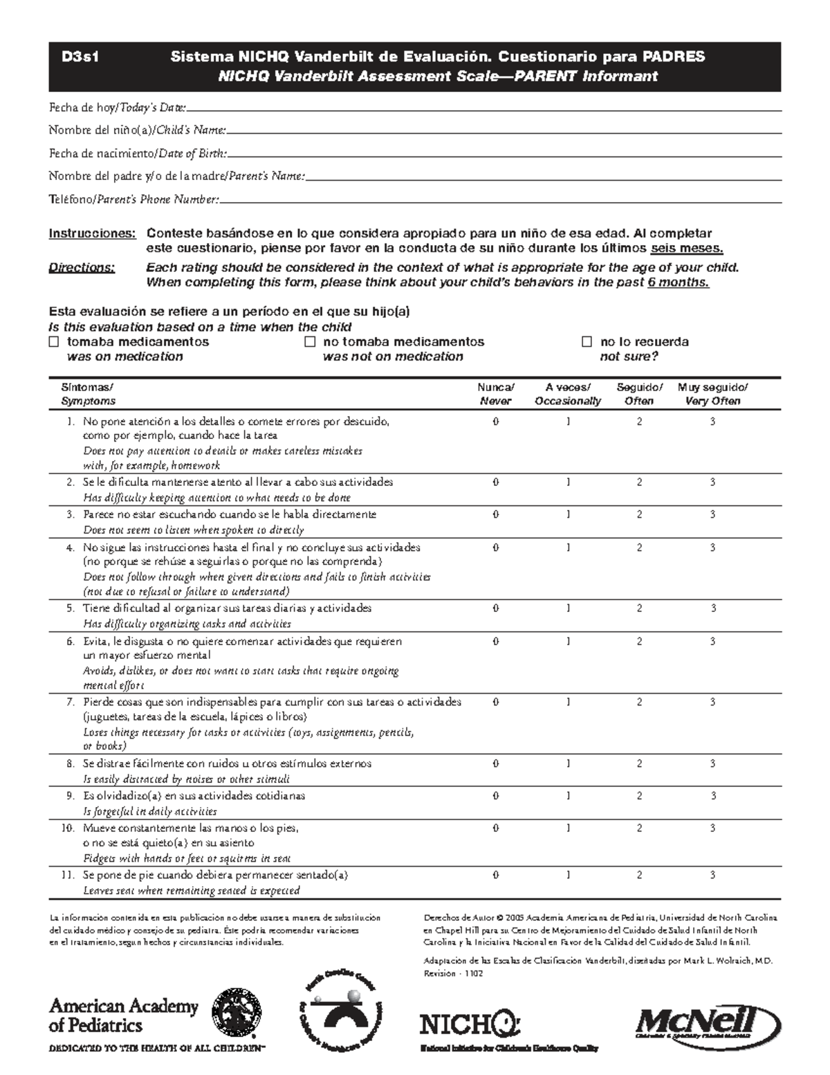 NICHQ Vanderbilt Evaluación para Padres y Profesores - Cuestionario ...