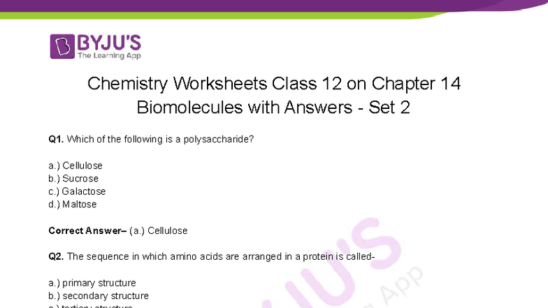 Chapter 14 Biomolecules Class 12 Worksheet Answers Set 2 - Studocu