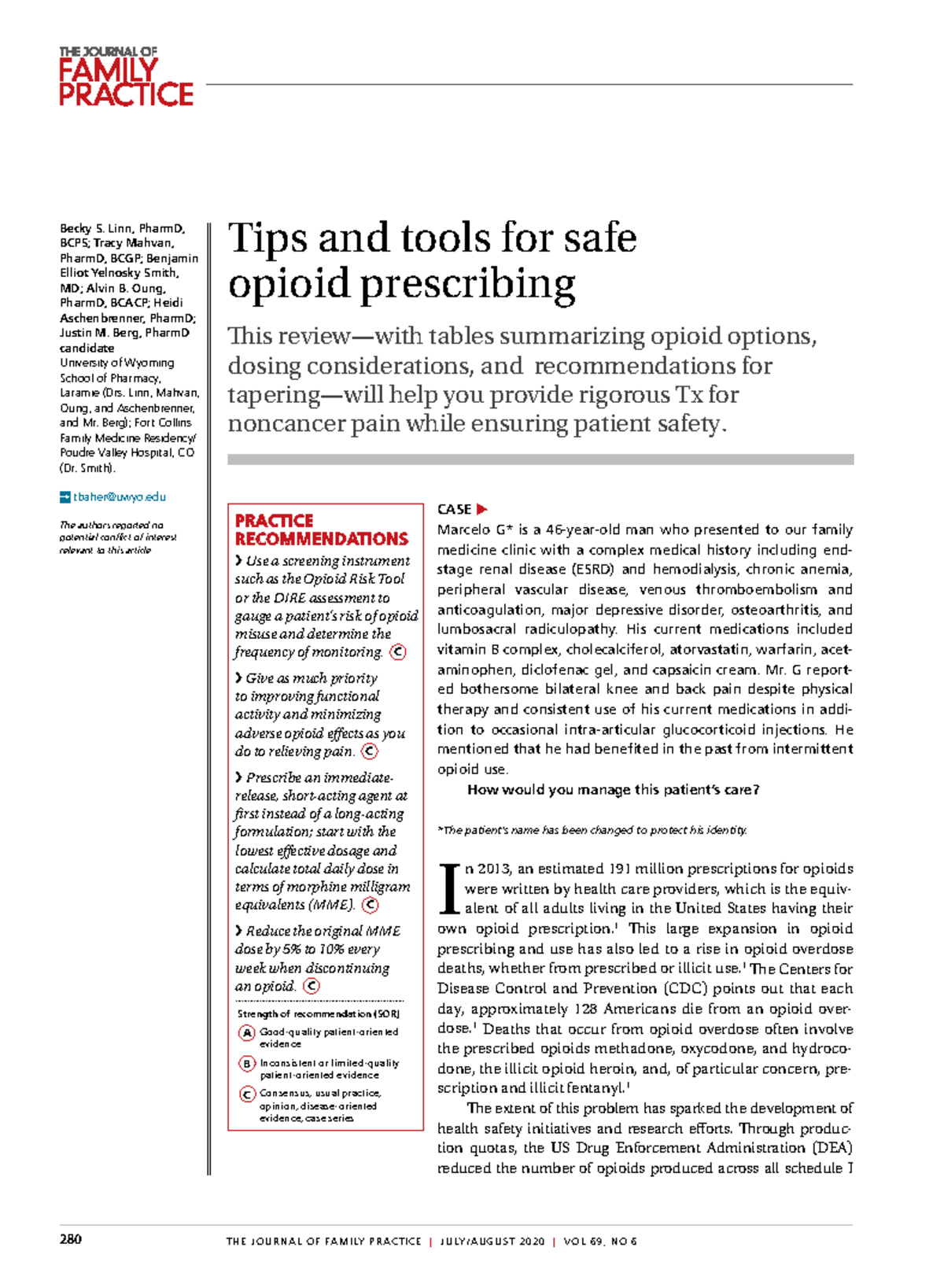 Safe Opioid Prescribing Guidelines and Practices (FM 2020) - 280 Becky ...