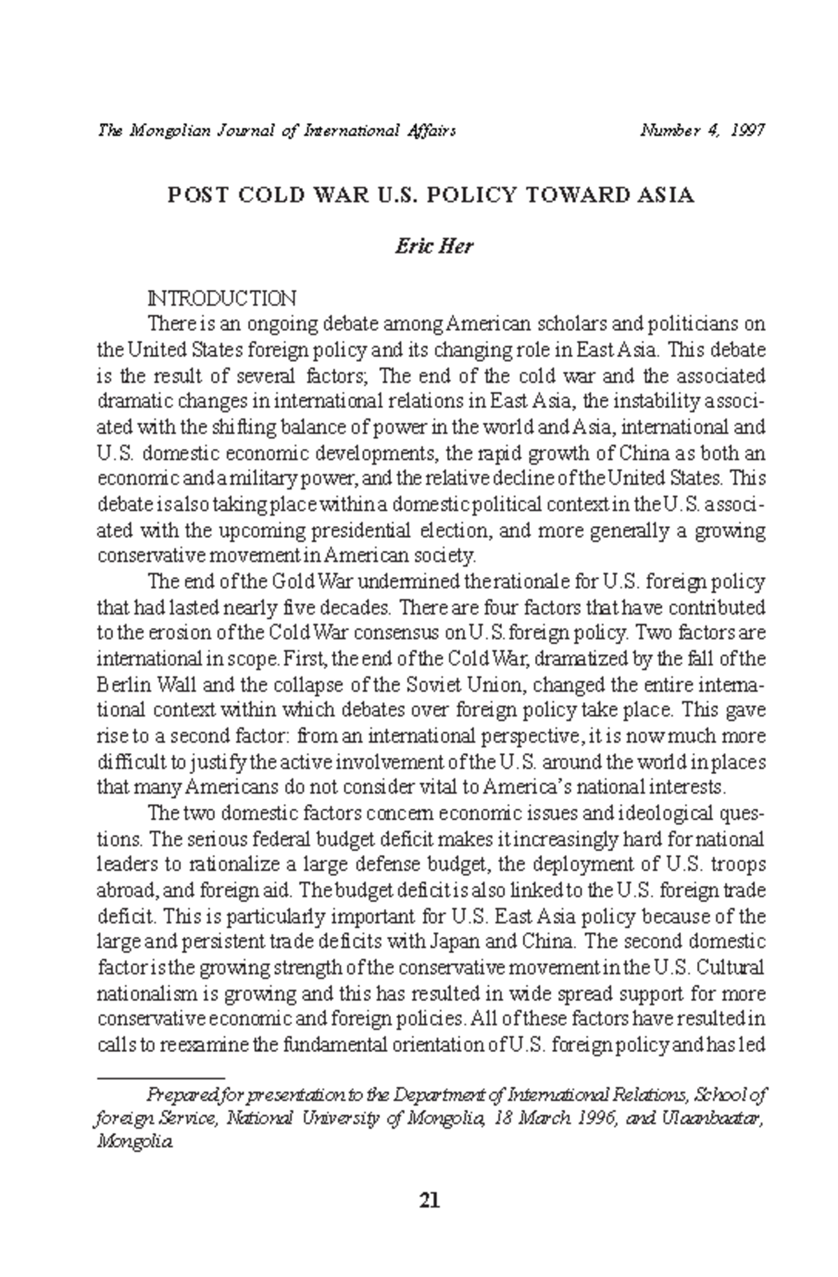 Post Cold War U.S. Policy Toward Asia: An Analysis of Options - Studocu
