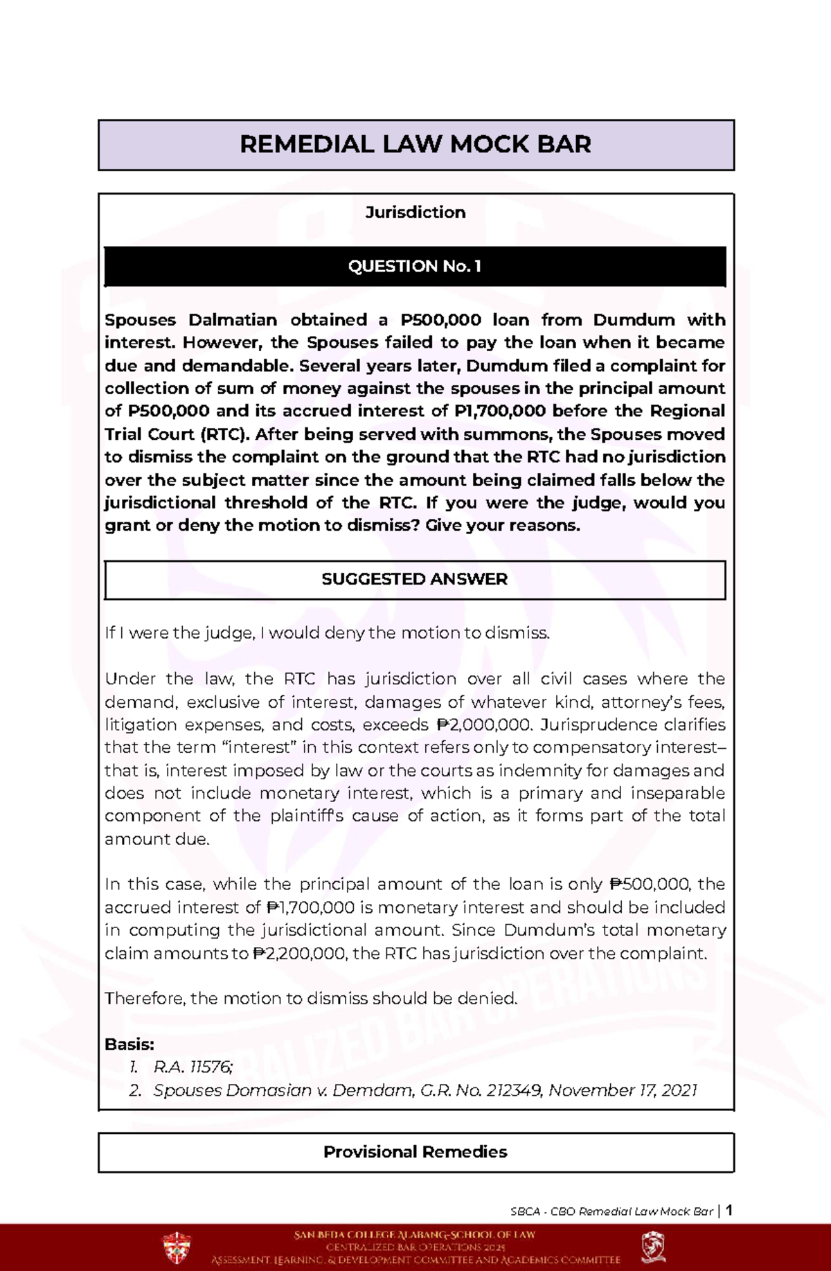SBCA CBO Remedial Law Mock Bar Reviewer - Day 3 Analysis - Studocu
