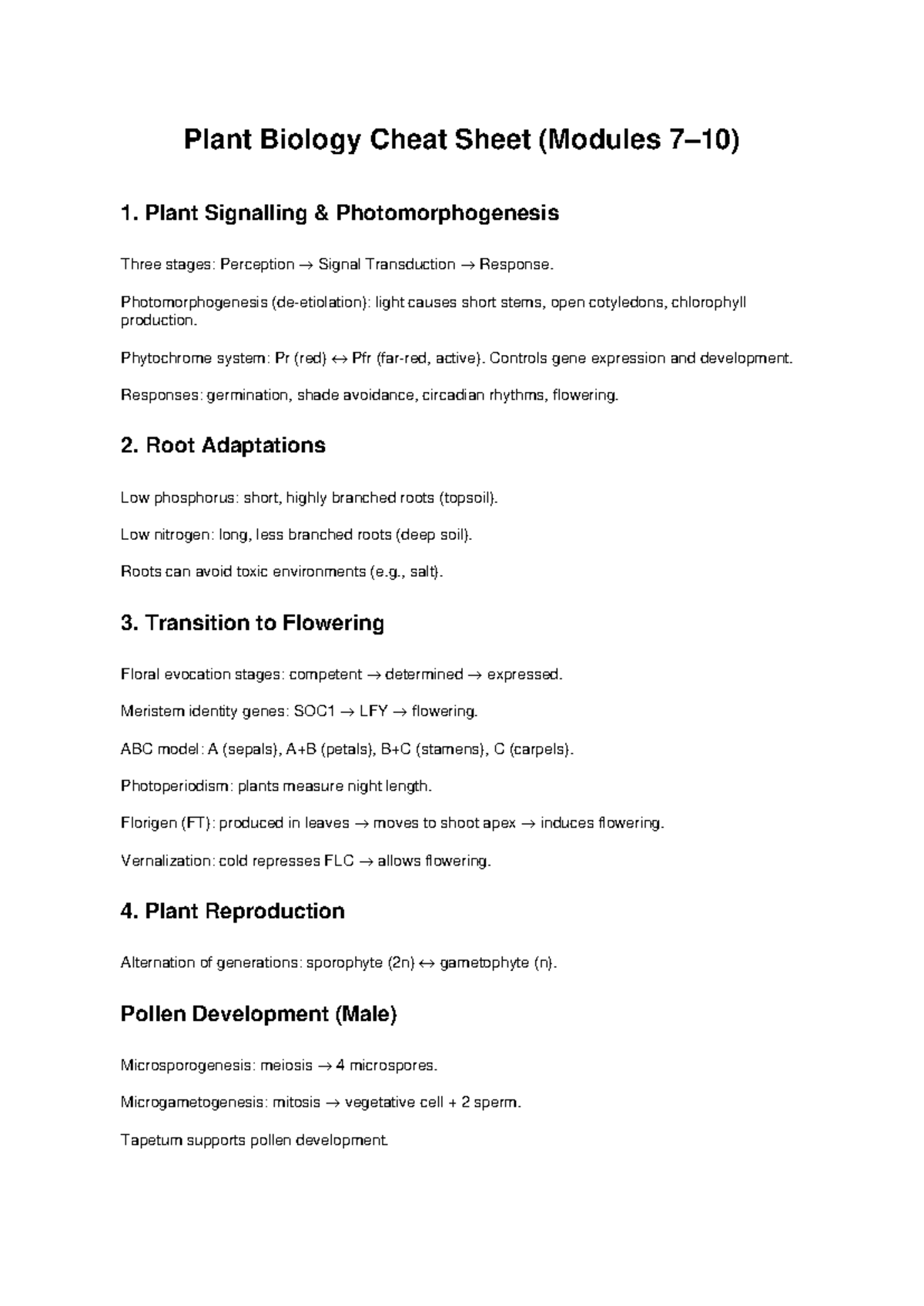 Plant Biology Cheat Sheet: Signalling, Roots, Flowering & Reproduction ...