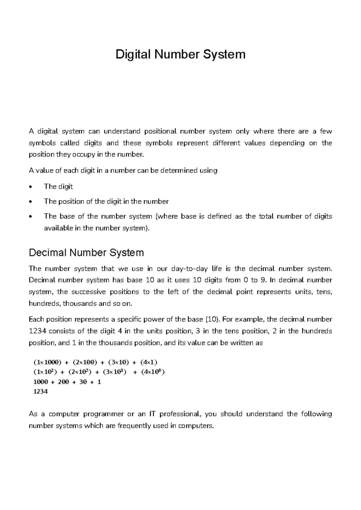 Digital Number System - Lecture Notes (CS101) - Studocu