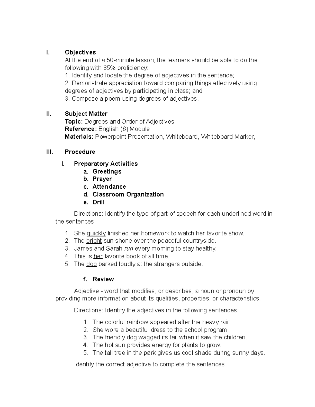 Degrees and Order of Adjectives Lesson Plan (Eng 6) - Studocu