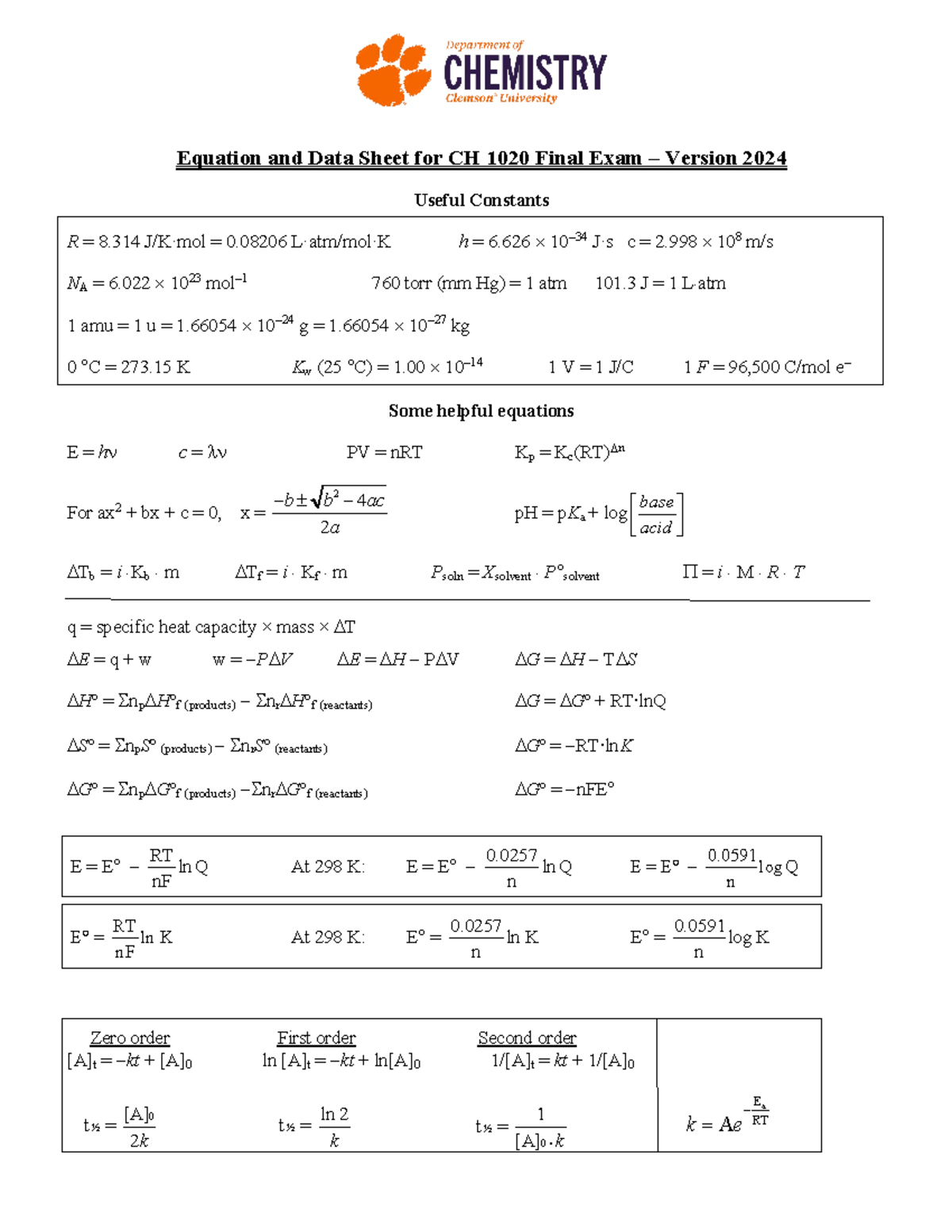 Equation and Data Sheet for CH 1020 Final Exam - 2024 Edition - Studocu