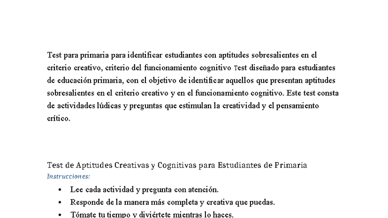 Test de Aptitudes Creativas y Cognitivas para Primaria - Studocu