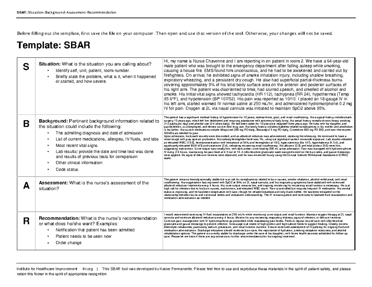 SBAR Template Guide for Healthcare Improvement Tools - Studocu