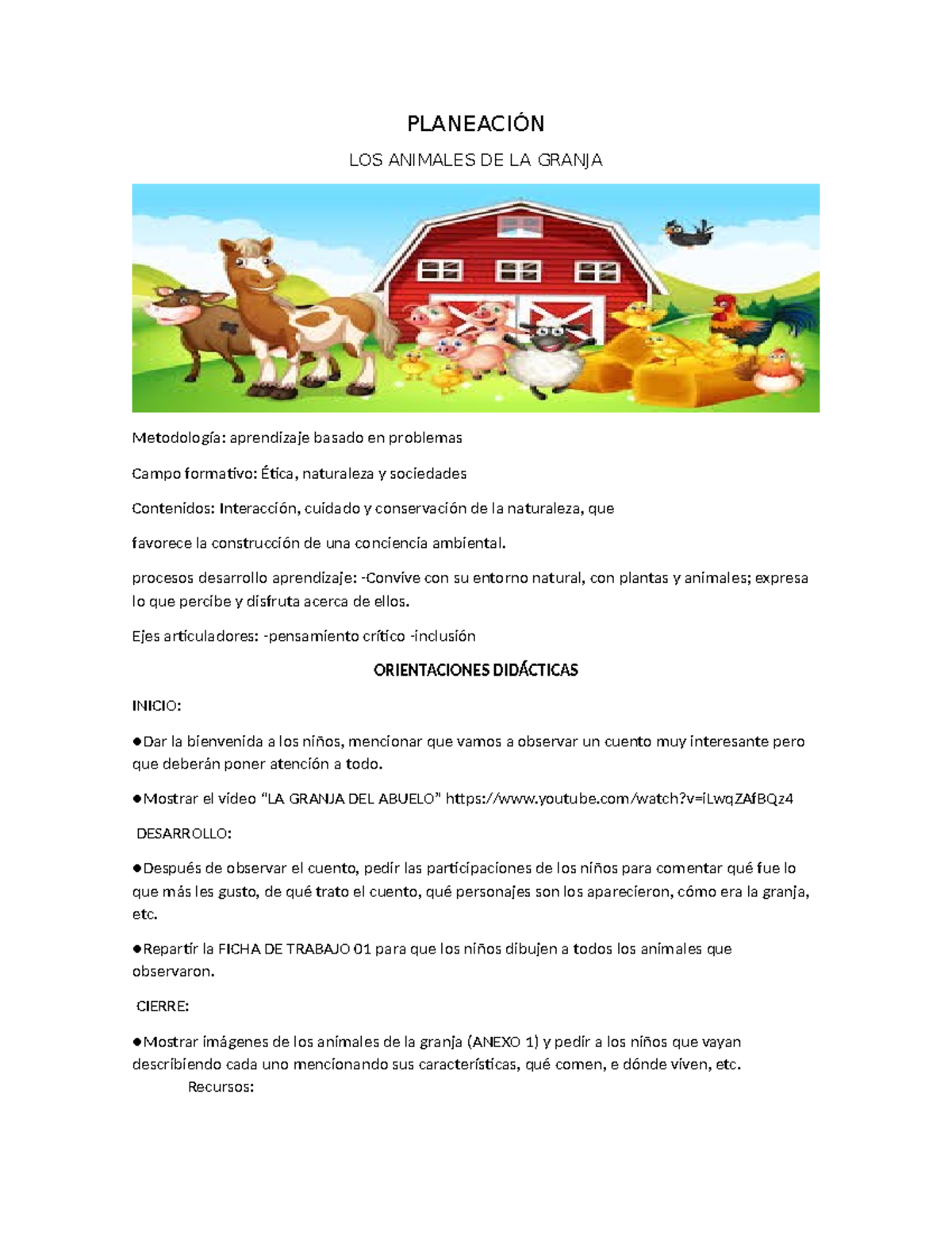 Planeación de Actividades sobre Animales de la Granja - Proyecto LA Granja - Studocu