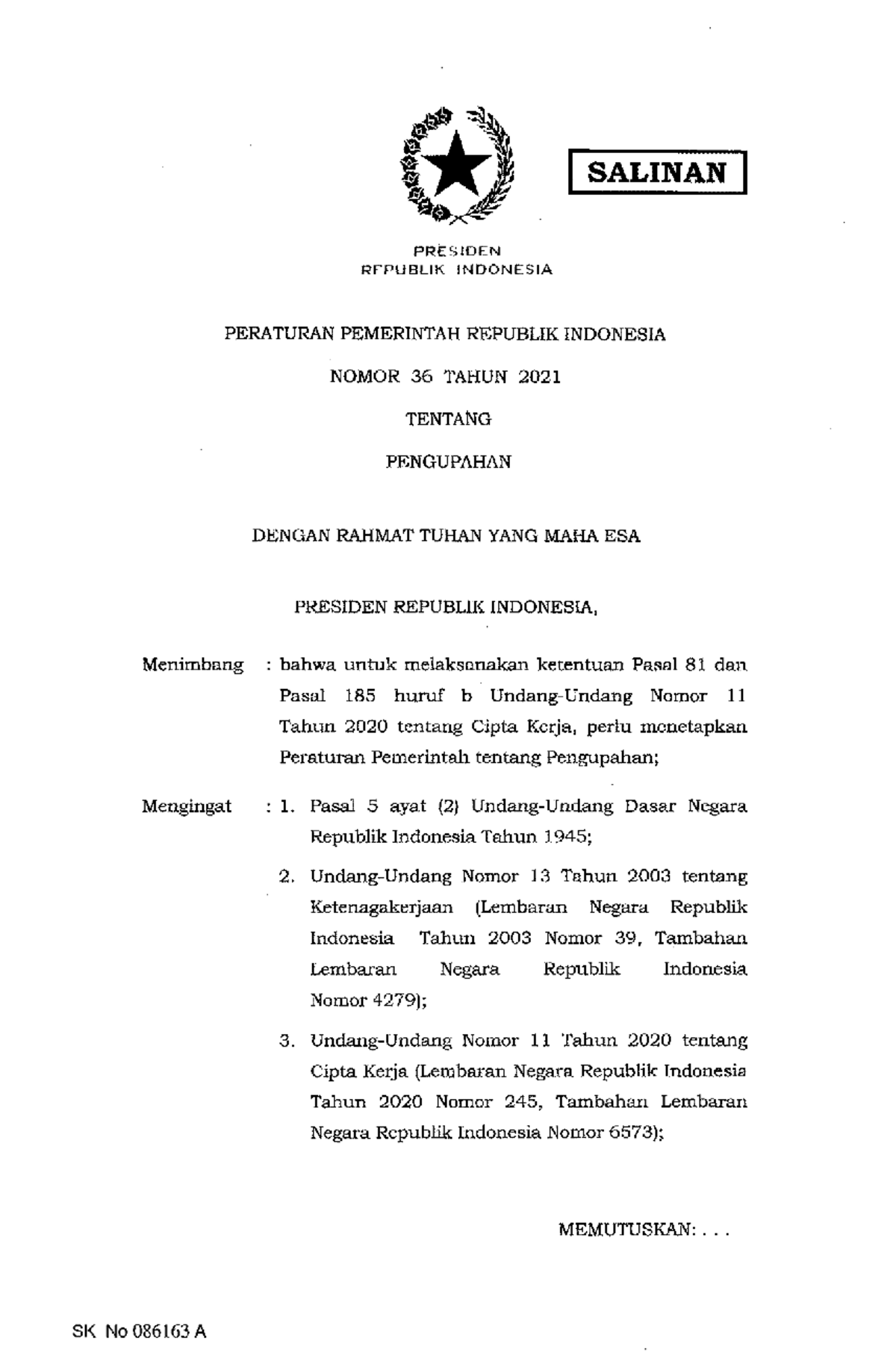 PP No. 36 Tahun 2021: Peraturan Pengupahan di Indonesia - Studocu