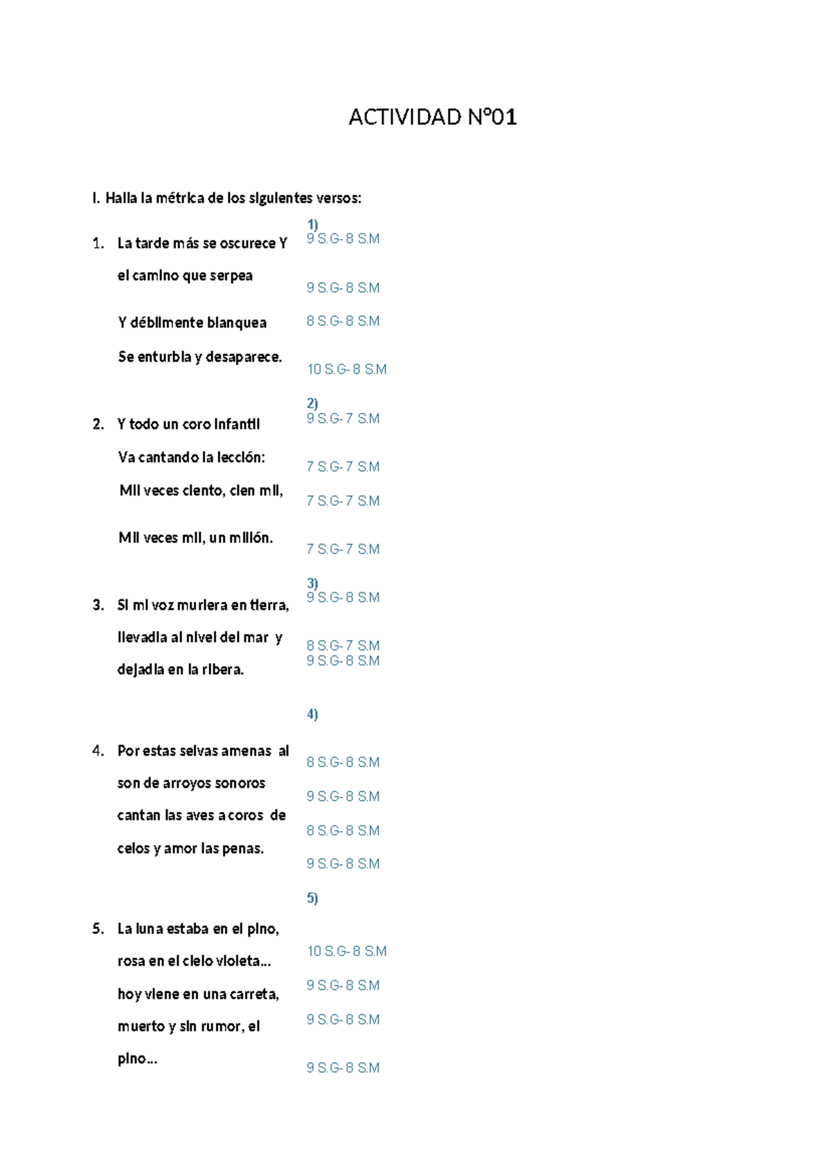 ACTIVIDAD I: Métrica de Versos en Literatura 2DAE9DF - Studocu