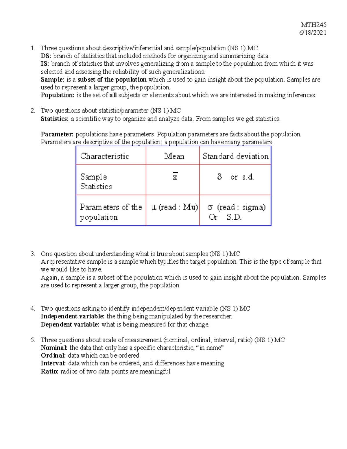 MTH 245 Cheat Sheet for final exam - MTH 6/18/ Three questions about descriptive/inferential and ...