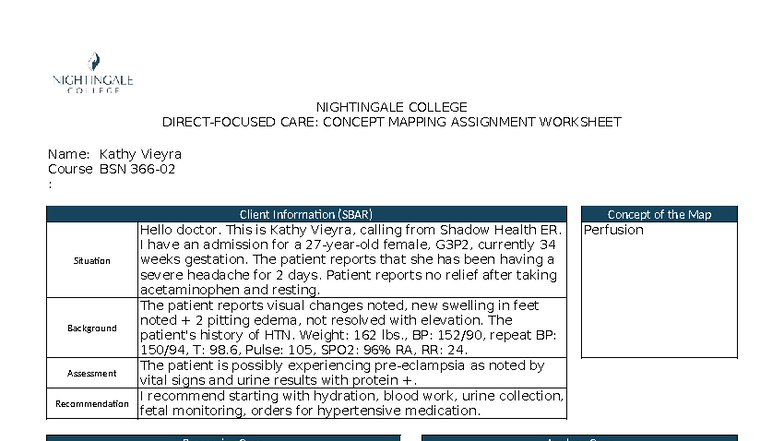 NIGHTINGALE COLLEGE BSN: SBAR Concept Mapping Assignment - Studocu