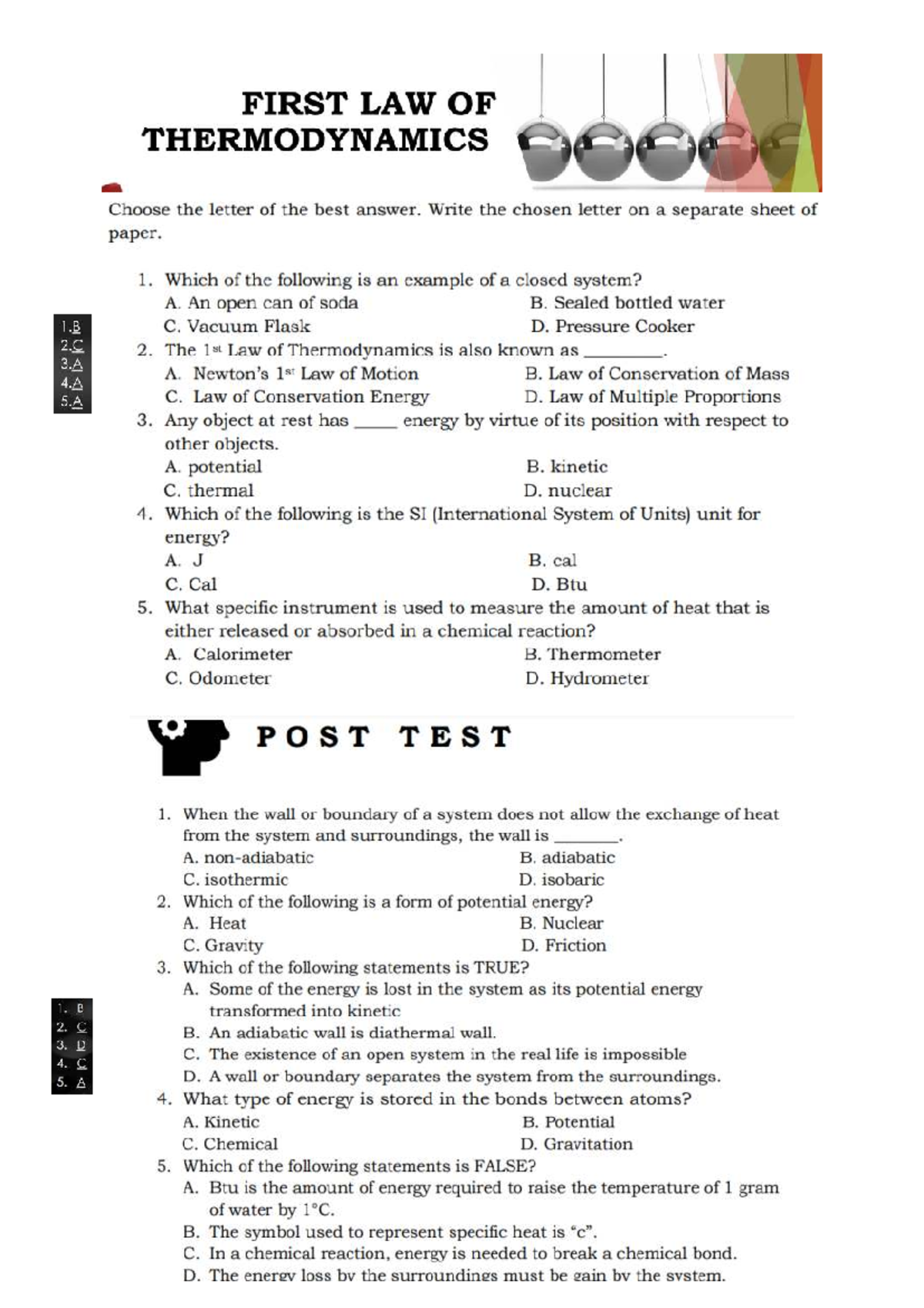 FIRST LAW OF THERMODYNAMICS: Quiz on Key Concepts and Applications ...