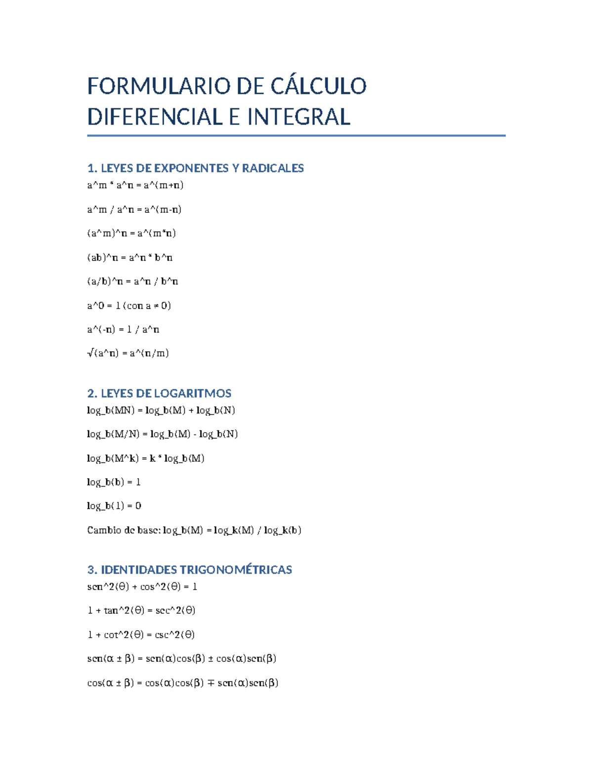 Formulario Completo de Cálculo Diferencial e Integral 1 - Studocu