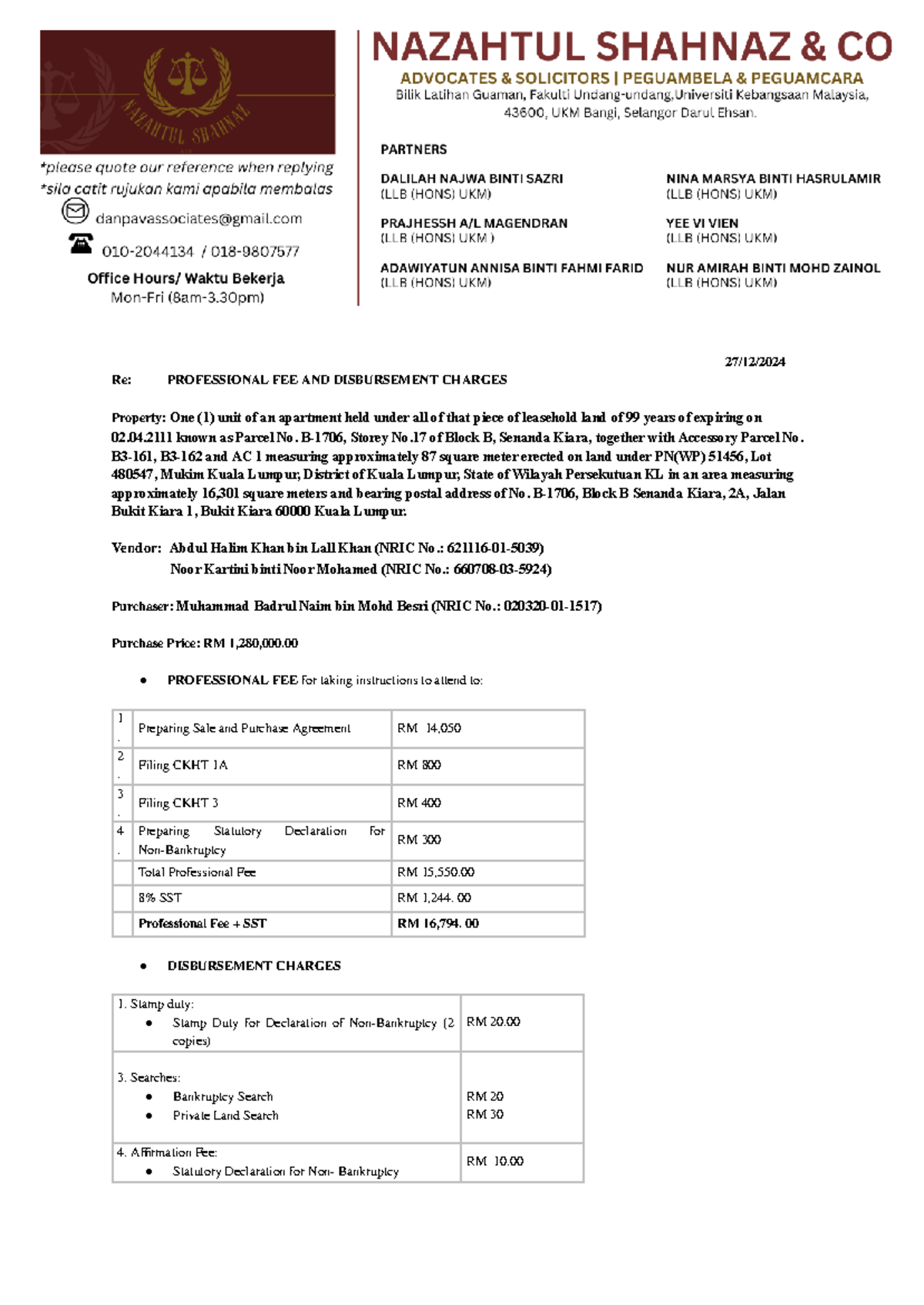 bill of charges - To: Dalilah Najwa Sazri BILL OF CHARGES INVOICE NO ...