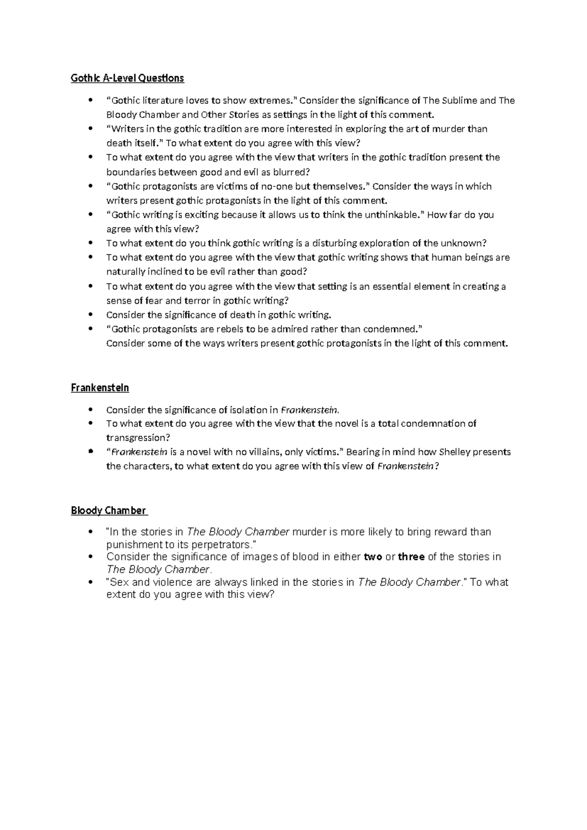 Gothic Literature A-Level Questions: Frankenstein & The Bloody Chamber ...