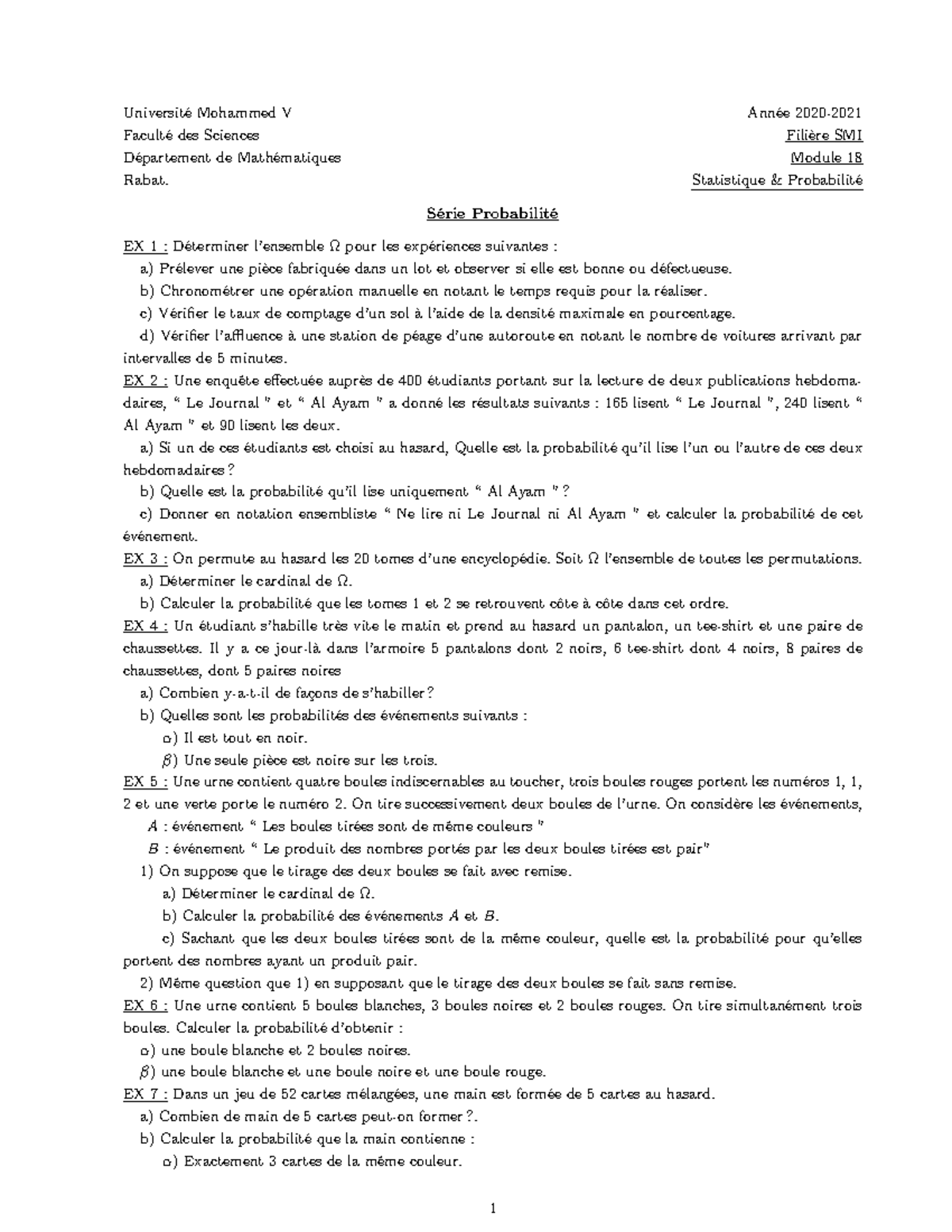 Serie Probabilité - Université Mohammed V Année 2020- Faculté des ...