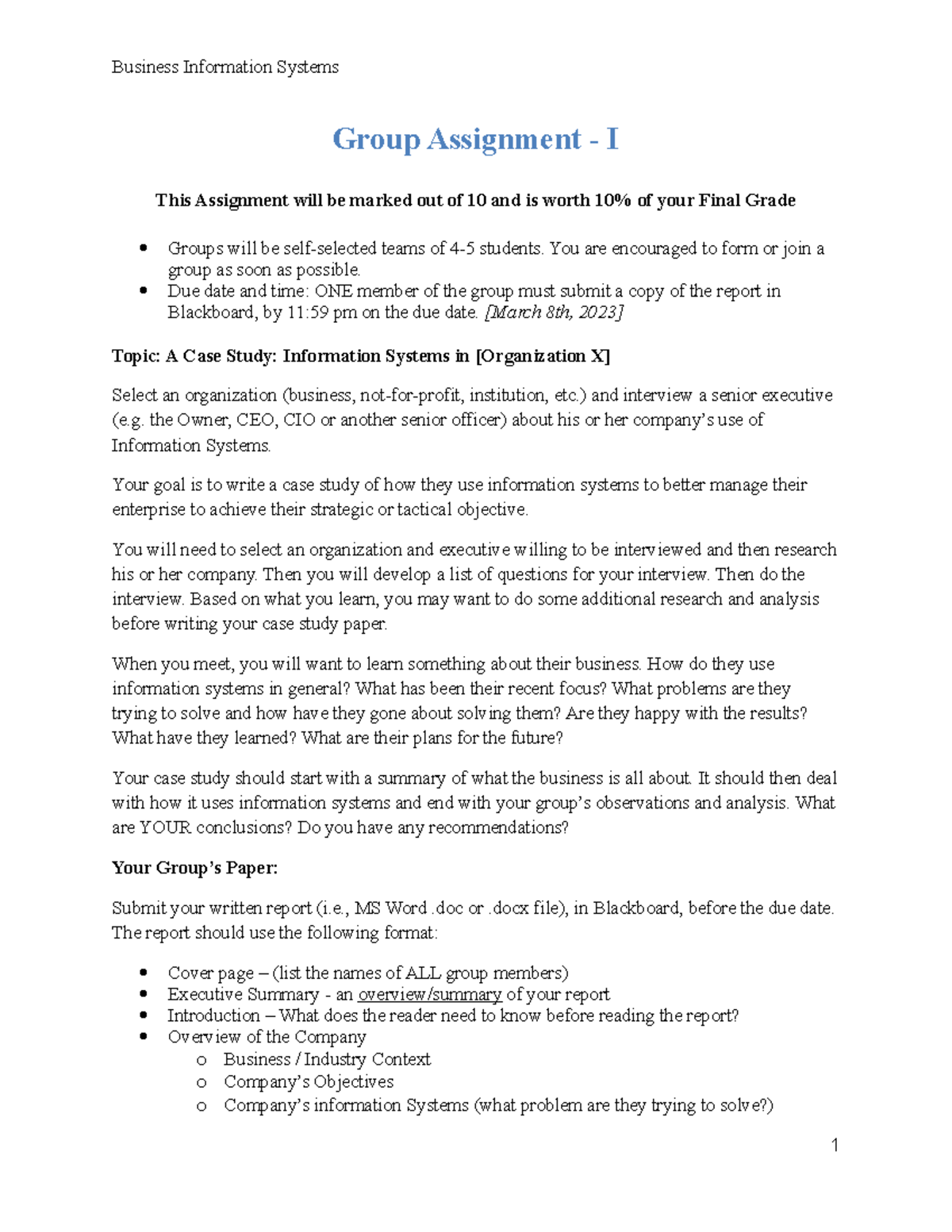 Group Assignment ONE OLE - Business Information Systems Group ...